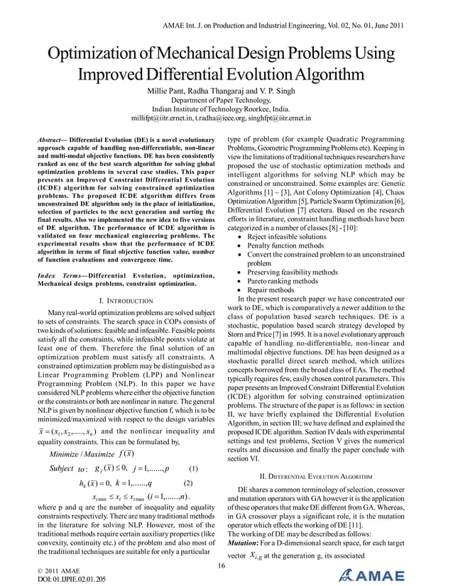 Optimization of Mechanical Design Problems Using Improved Differential Evolution Algorithm | PDF