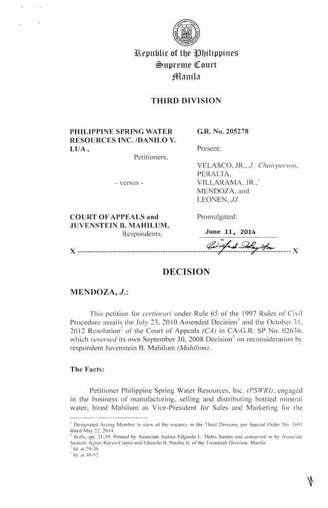 Philippine Spring Water Resources Inc./ Danilo Y. Lua versus Court of ...