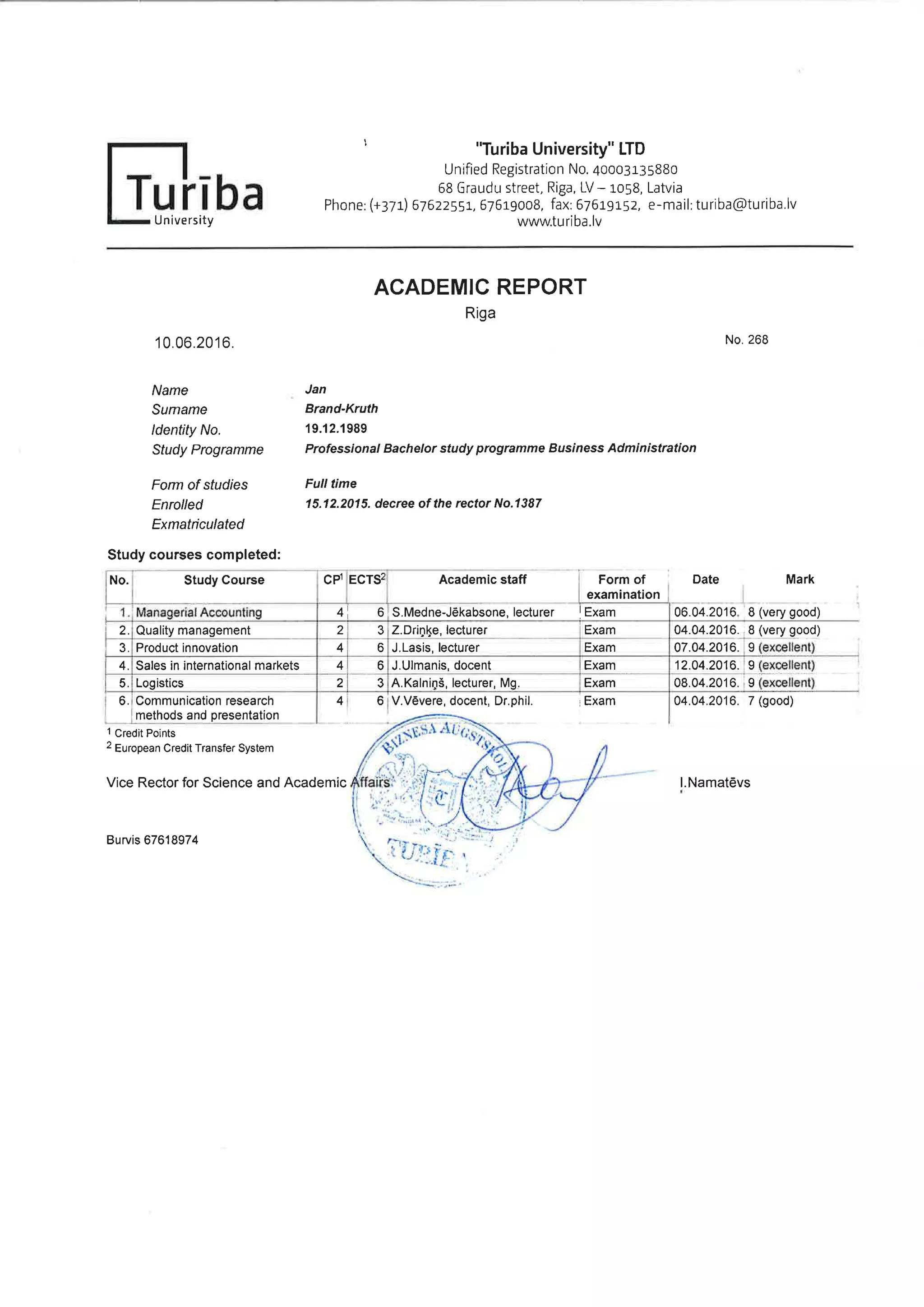 Transcript Grades Turiba | PDF