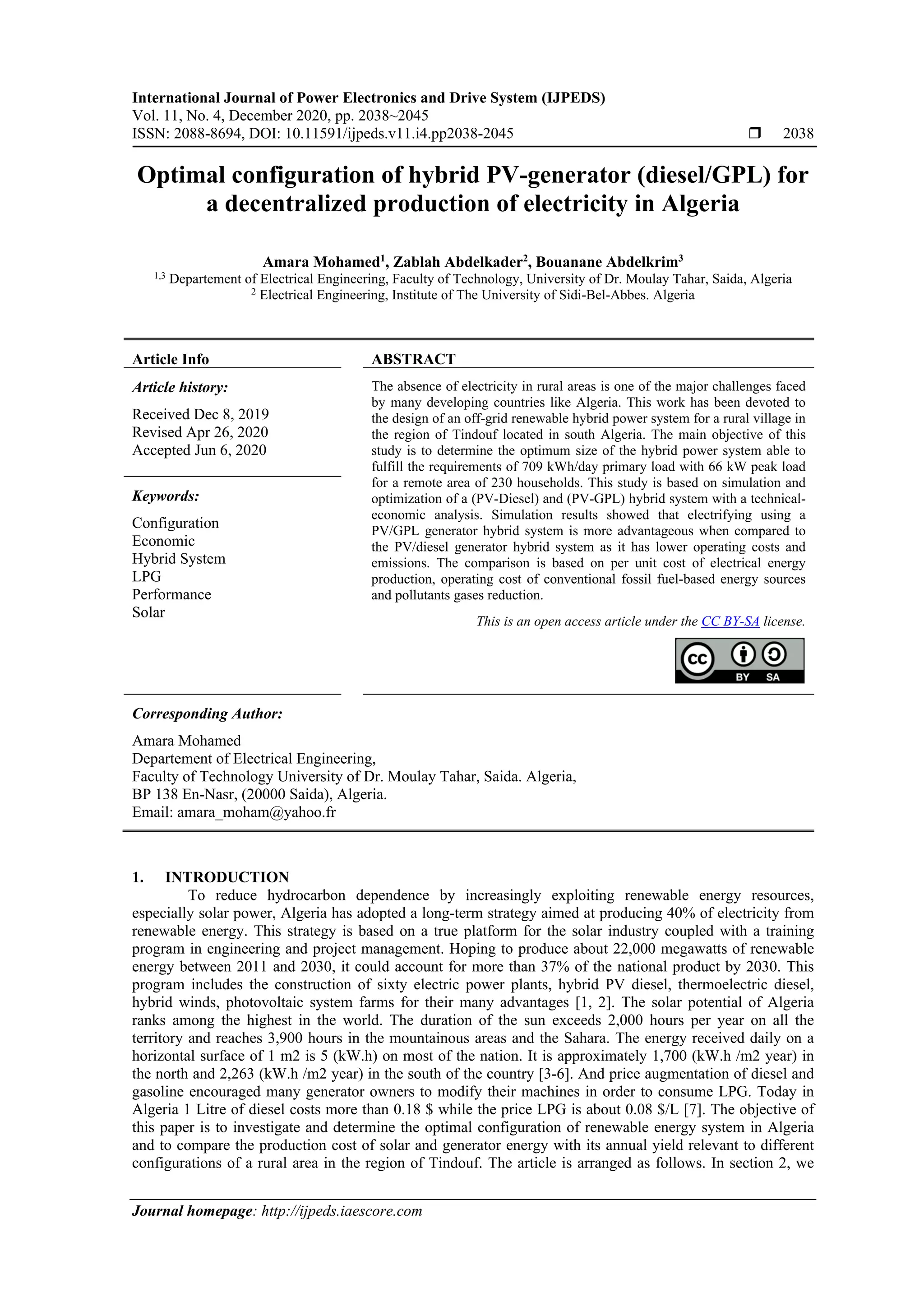 Optimal configuration of hybrid PV-generator (diesel/GPL) for a ...