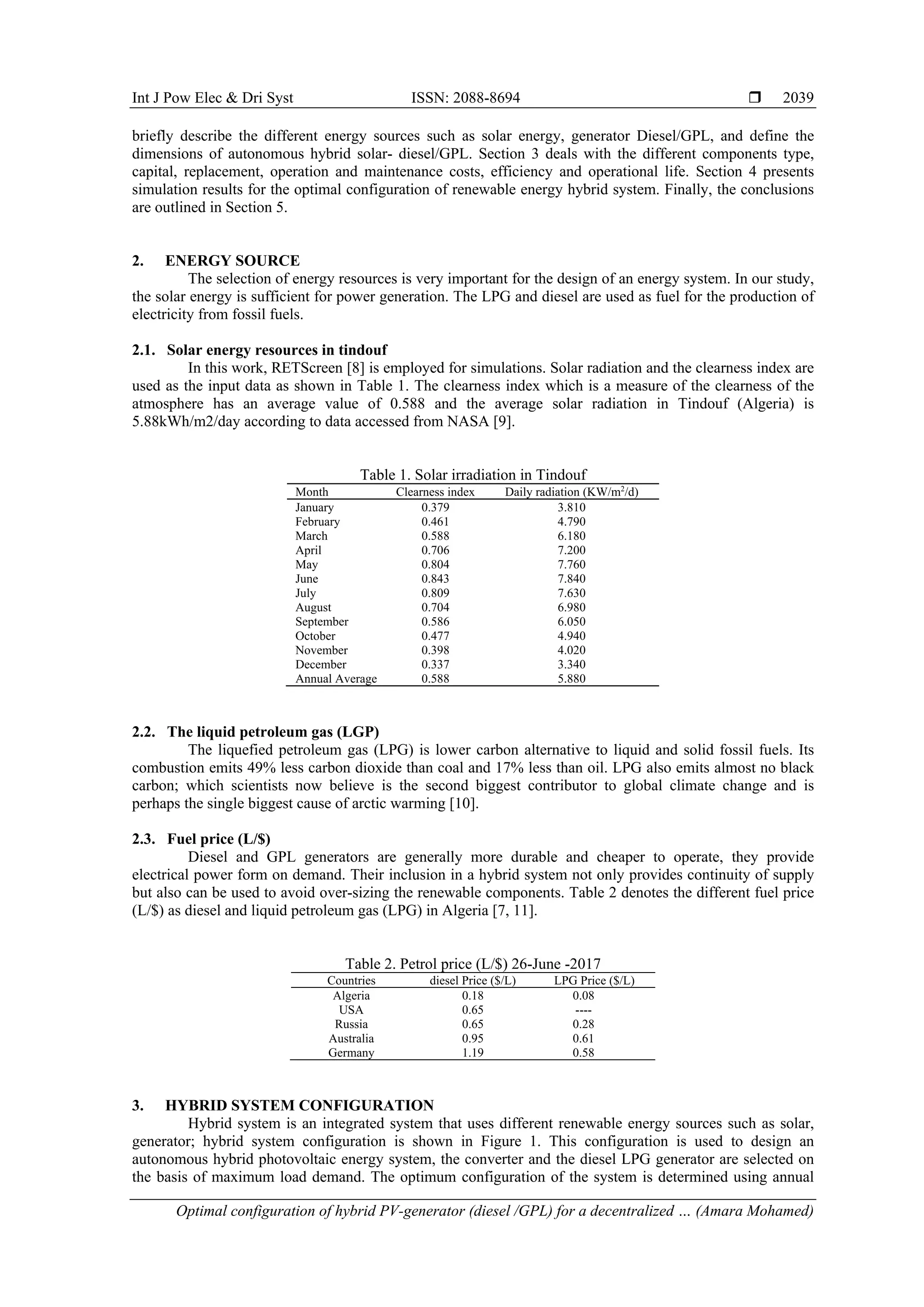 Optimal configuration of hybrid PV-generator (diesel/GPL) for a ...