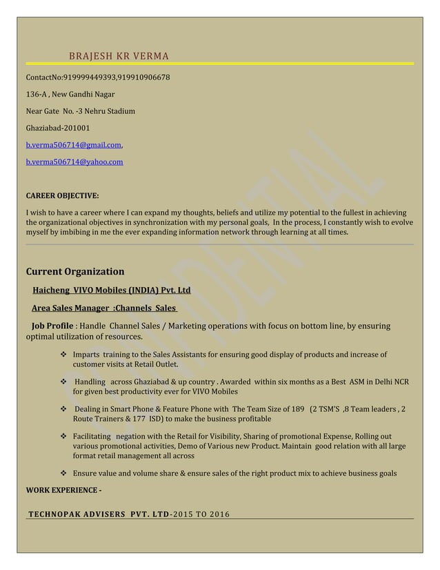 brajesh Resume -asm vivo | DOC