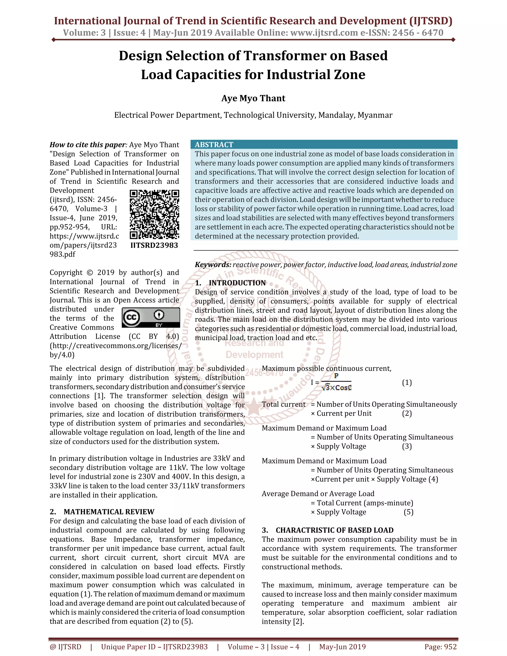 Design Selection of Transformer on Based Load Capacities for Industrial ...