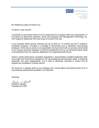 Recommendation Letter - Andre Cruz | PDF | Business Administration ...