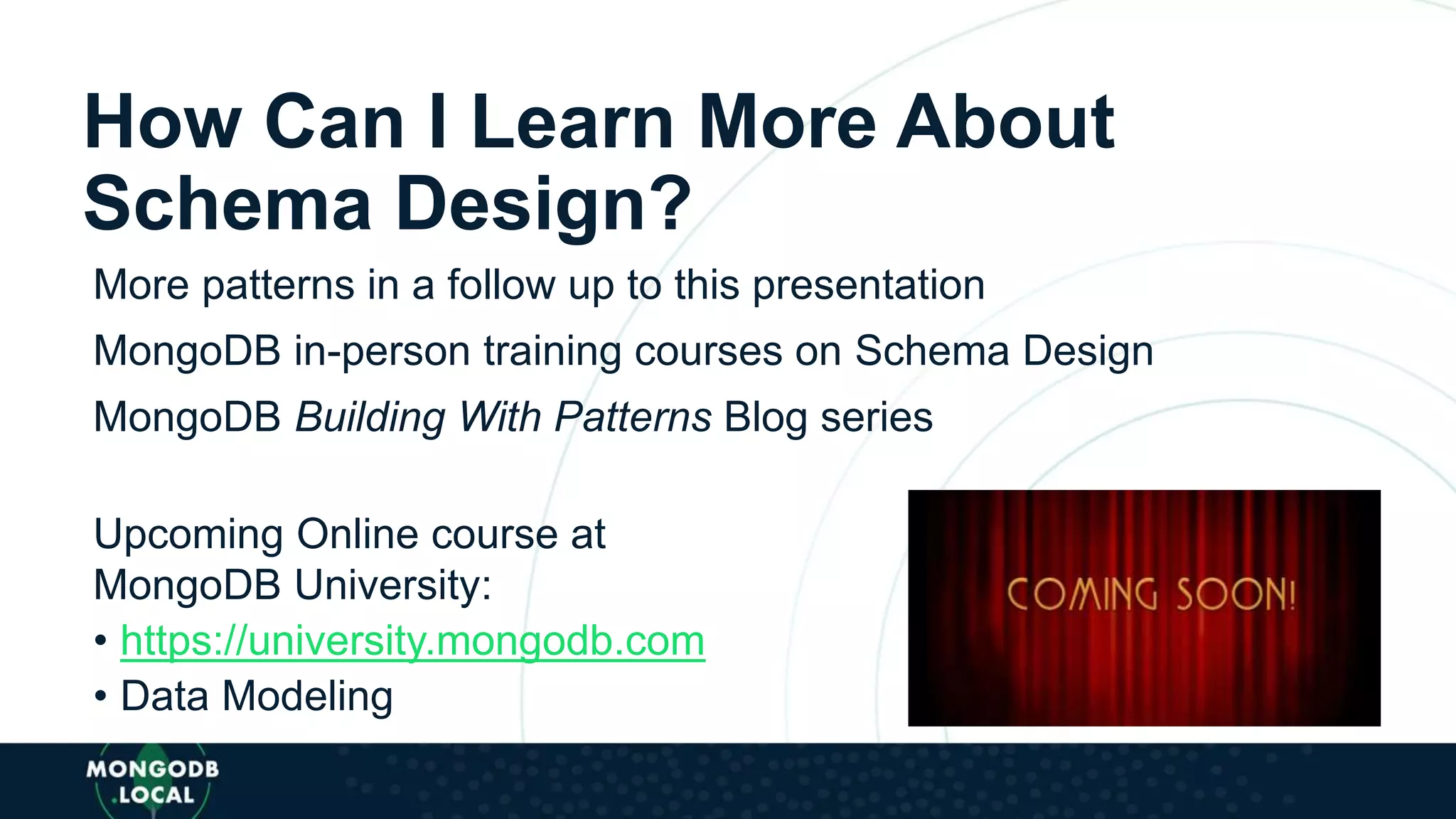 MongoDB.local Seattle 2019: Advanced Schema Design Patterns | PPTX | Databases | Computer ...