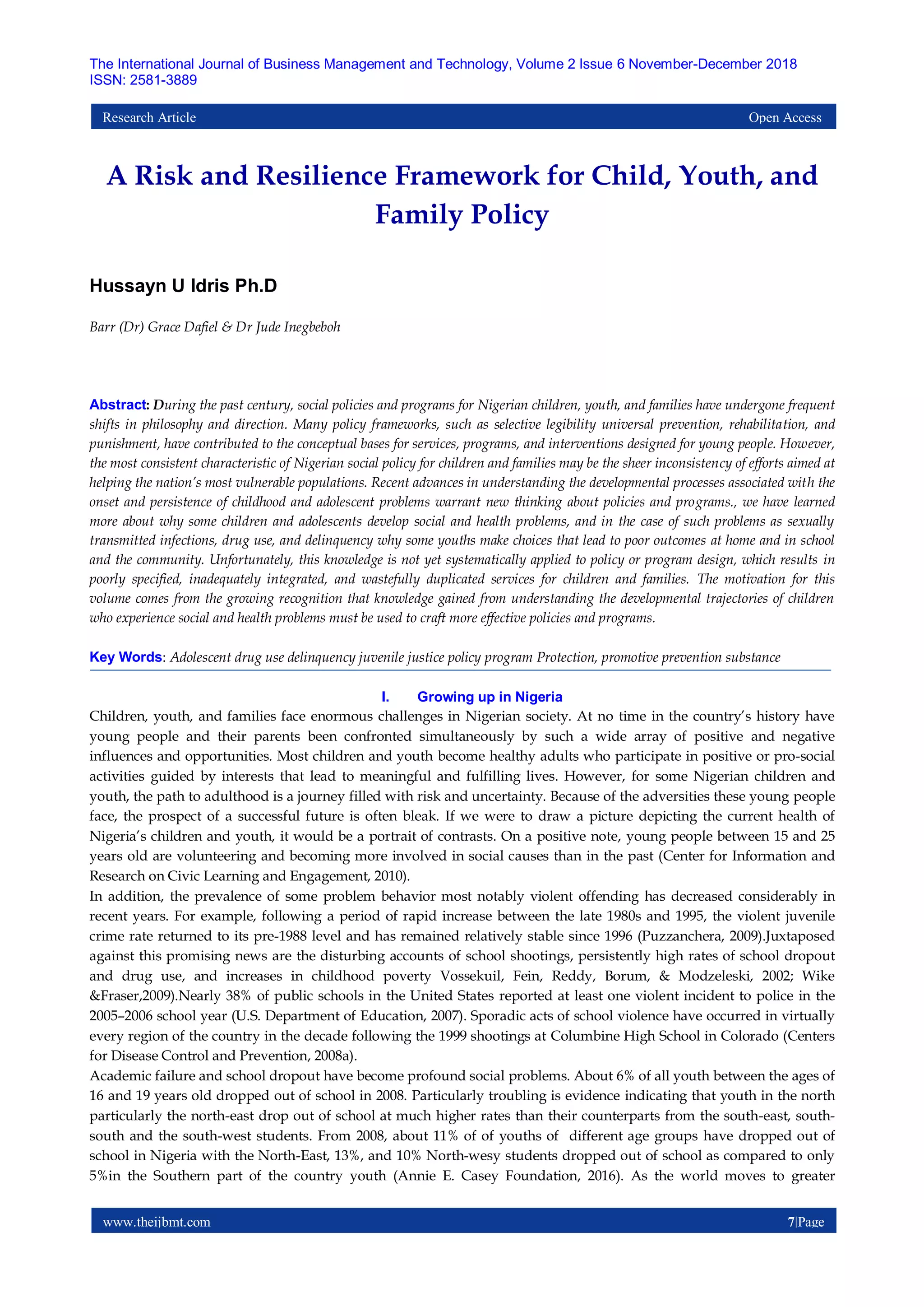 A Risk and Resilience Framework for Child, Youth, and Family Policy | PDF