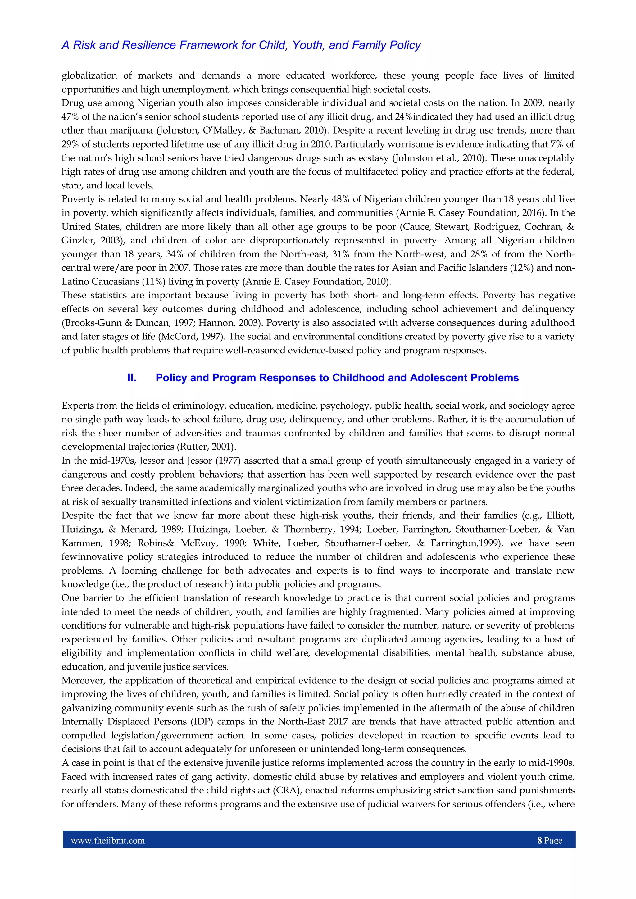 A Risk and Resilience Framework for Child, Youth, and Family Policy | PDF