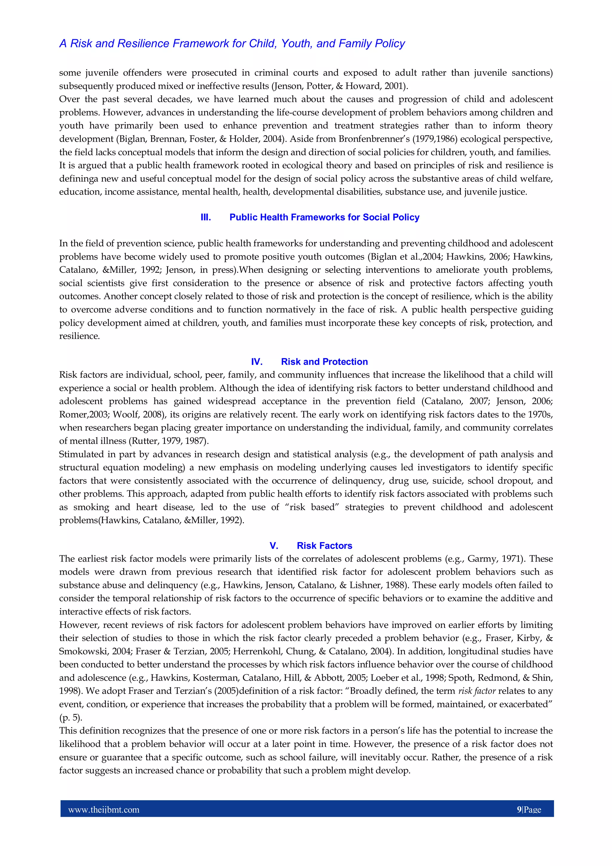 A Risk and Resilience Framework for Child, Youth, and Family Policy | PDF