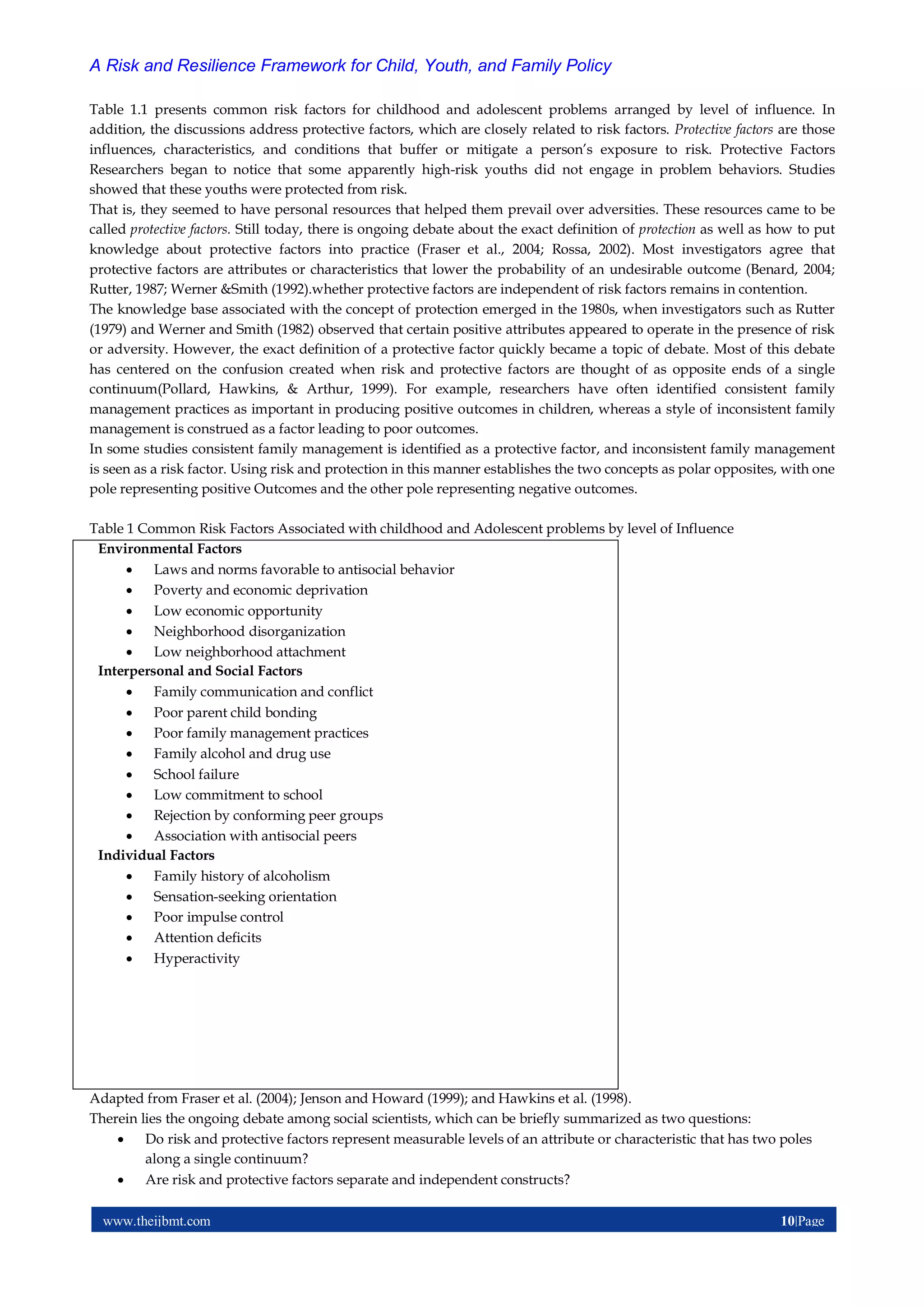 A Risk and Resilience Framework for Child, Youth, and Family Policy | PDF