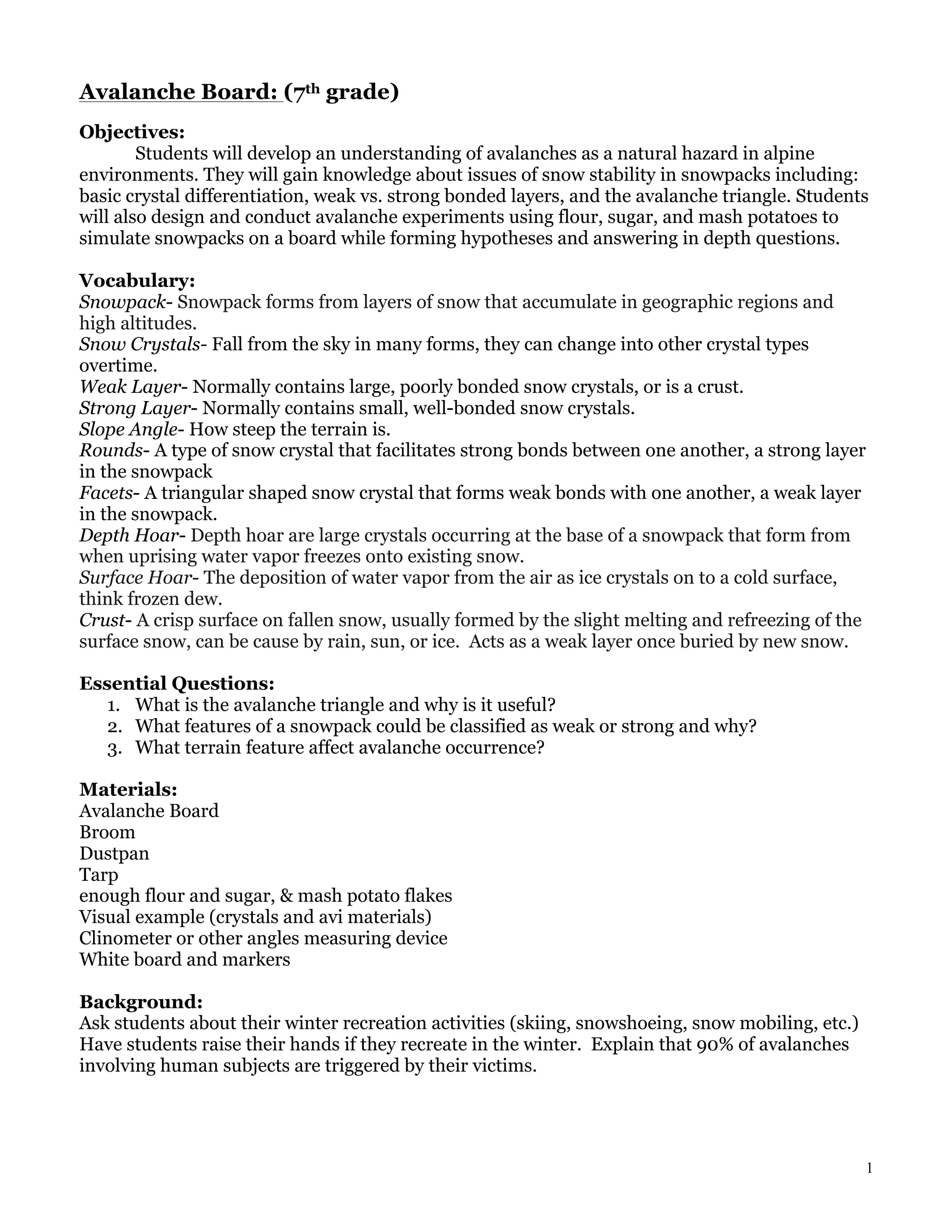 Avalanche Board Lesson Plan | PDF