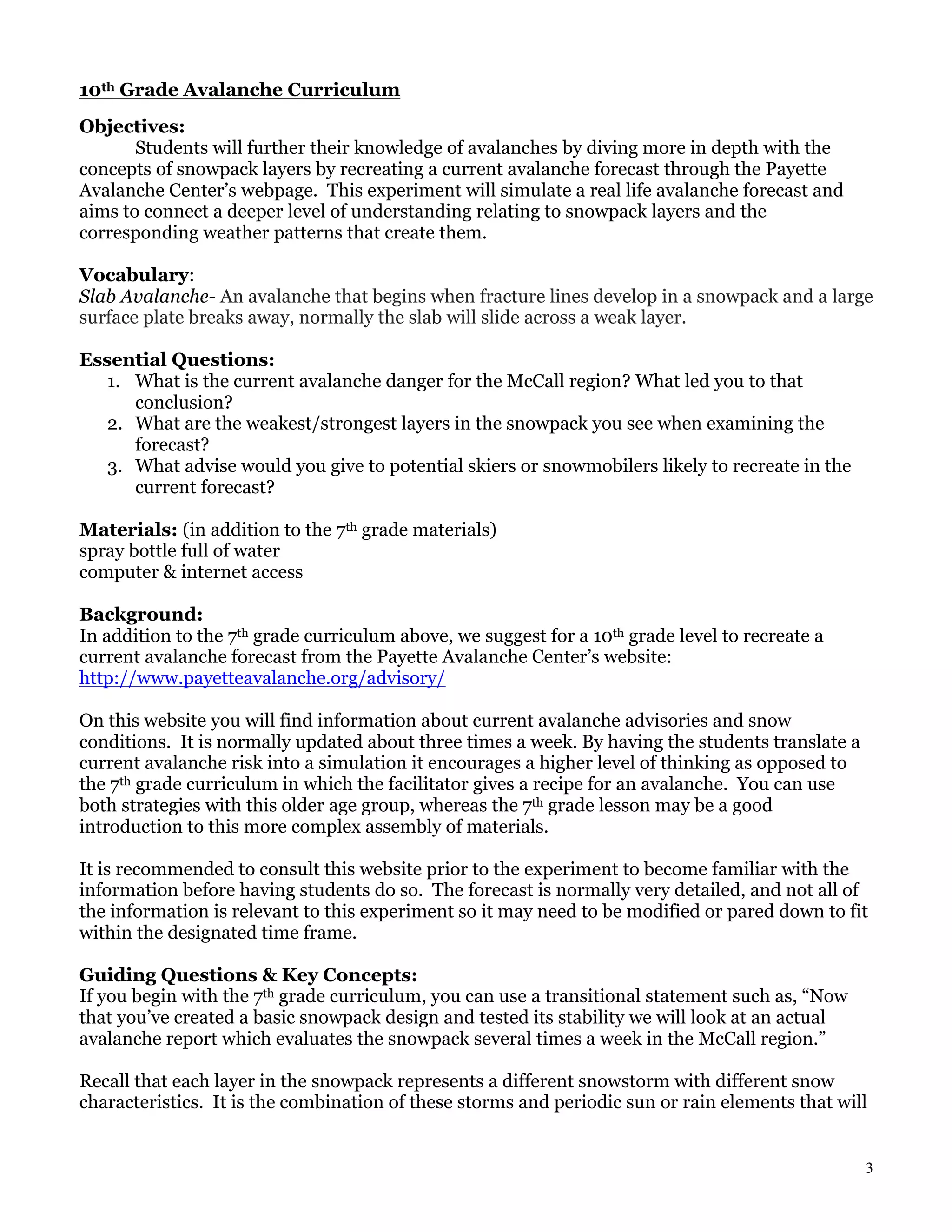 Avalanche Board Lesson Plan | PDF