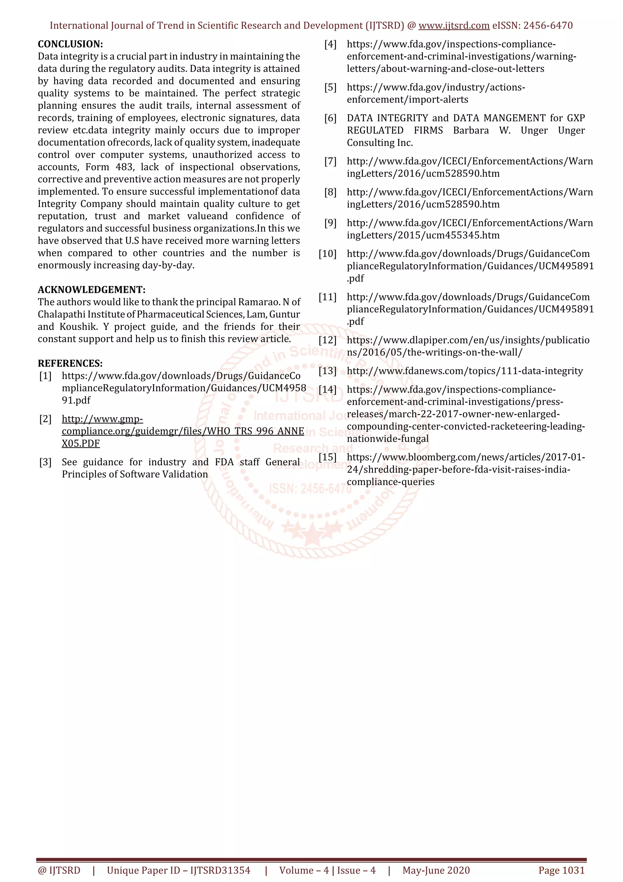 A Perspective Study of Warning Letters on Data Integrity Issued by FDA ...