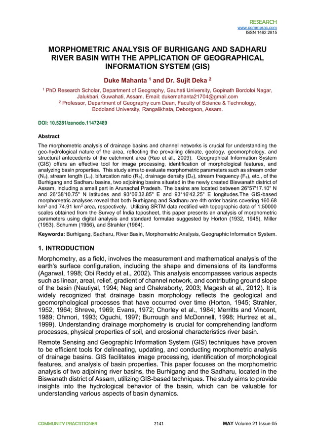 MORPHOMETRIC ANALYSIS OF BURHIGANG AND SADHARU RIVER BASIN WITH THE APPLICATION OF GEOGRAPHICAL ...