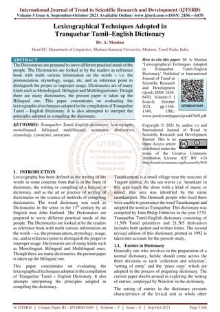 Lexicographical Techniques Adopted in Tranquebar Tamil-English ...