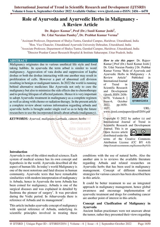 Role of Ayurveda and Ayurvedic Herbs in Malignancy A Review Article ...