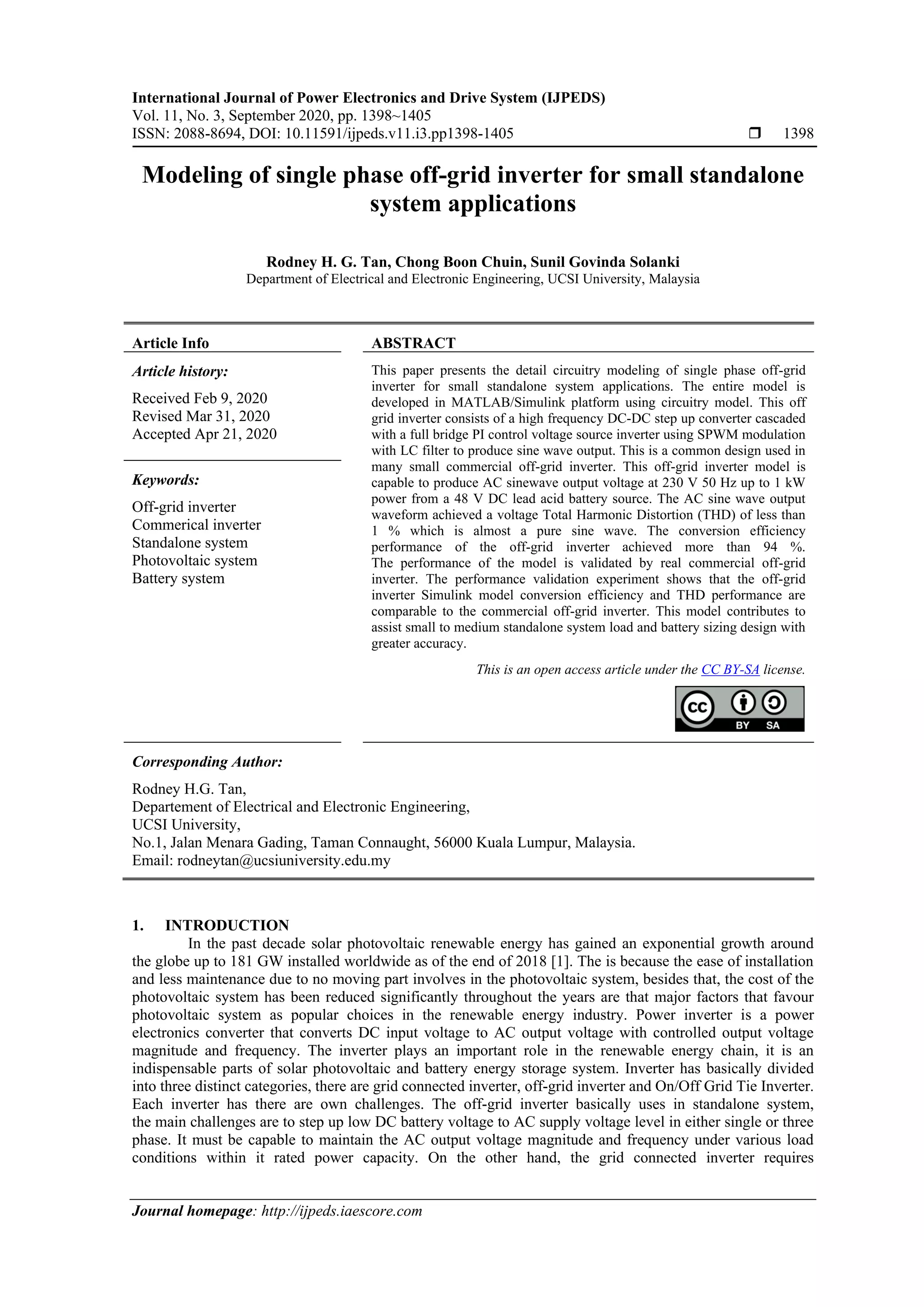Modeling of single phase off-grid inverter for small standalone system ...