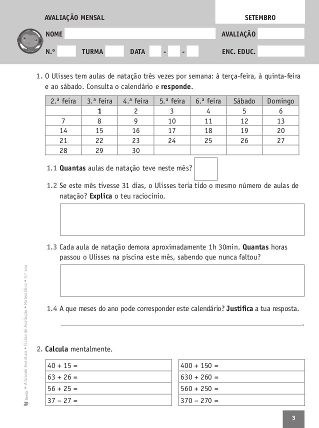 Matemática 3º ano - A grande Aventura - Fichas de Avaliação