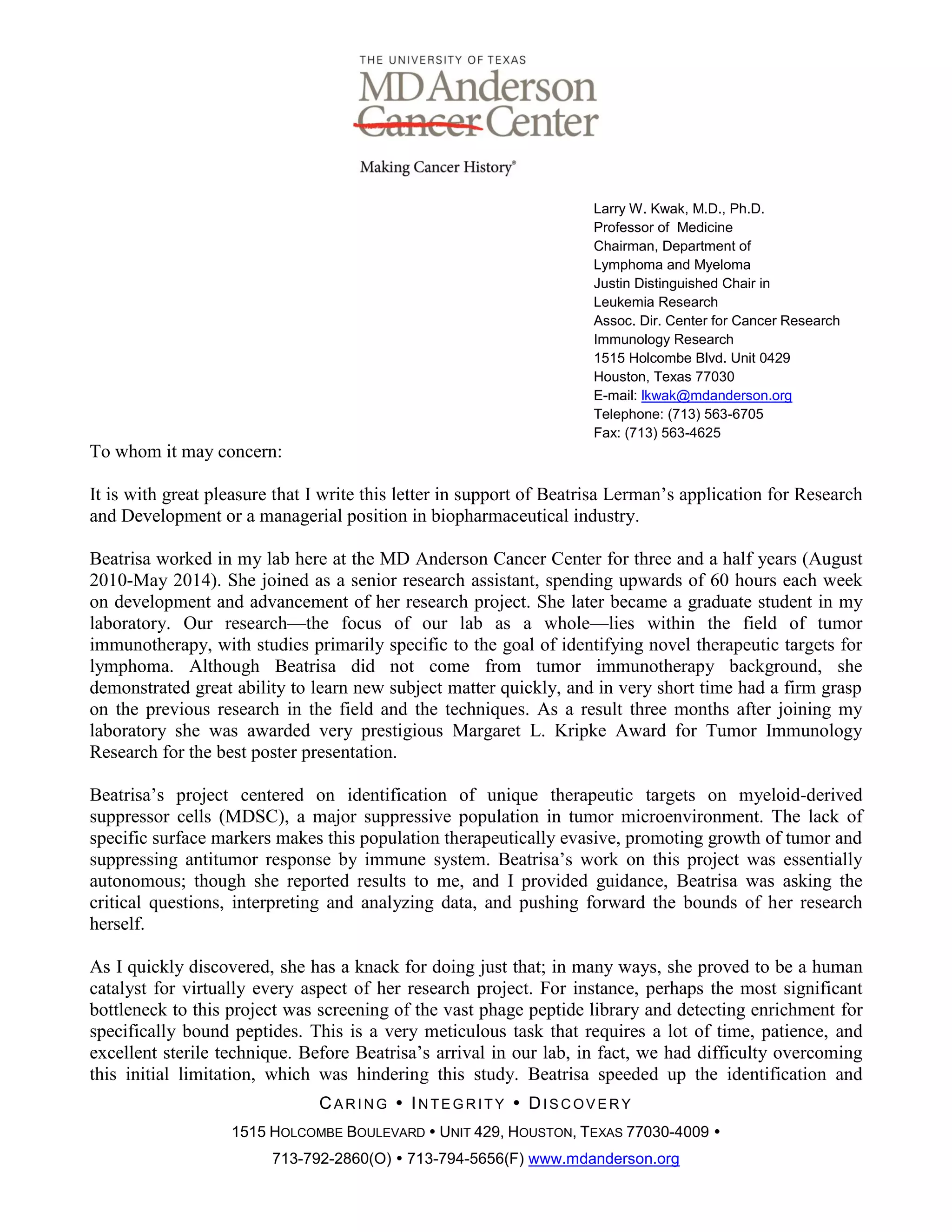 Dr. Kwak reference letter for Beatrisa | PDF | Cancer | Diseases and ...