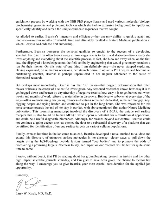 Dr. Kwak reference letter for Beatrisa | PDF | Cancer | Diseases and ...