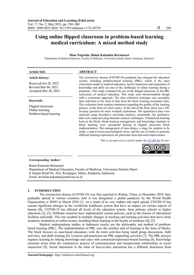 Using online flipped classroom in problem-based learning medical curriculum: A mixed method ...