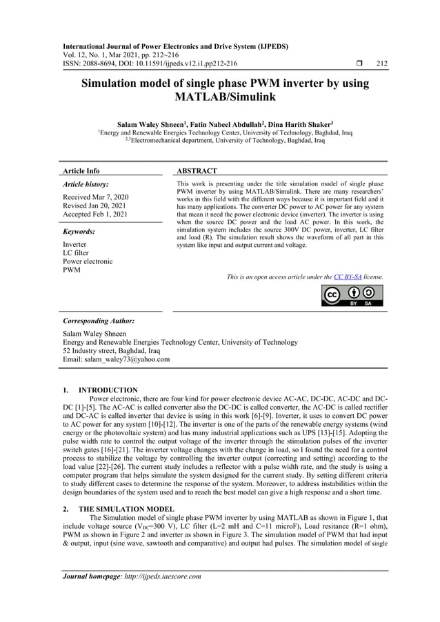 Simulation model of single phase PWM inverter by using MATLAB/Simulink | PDF
