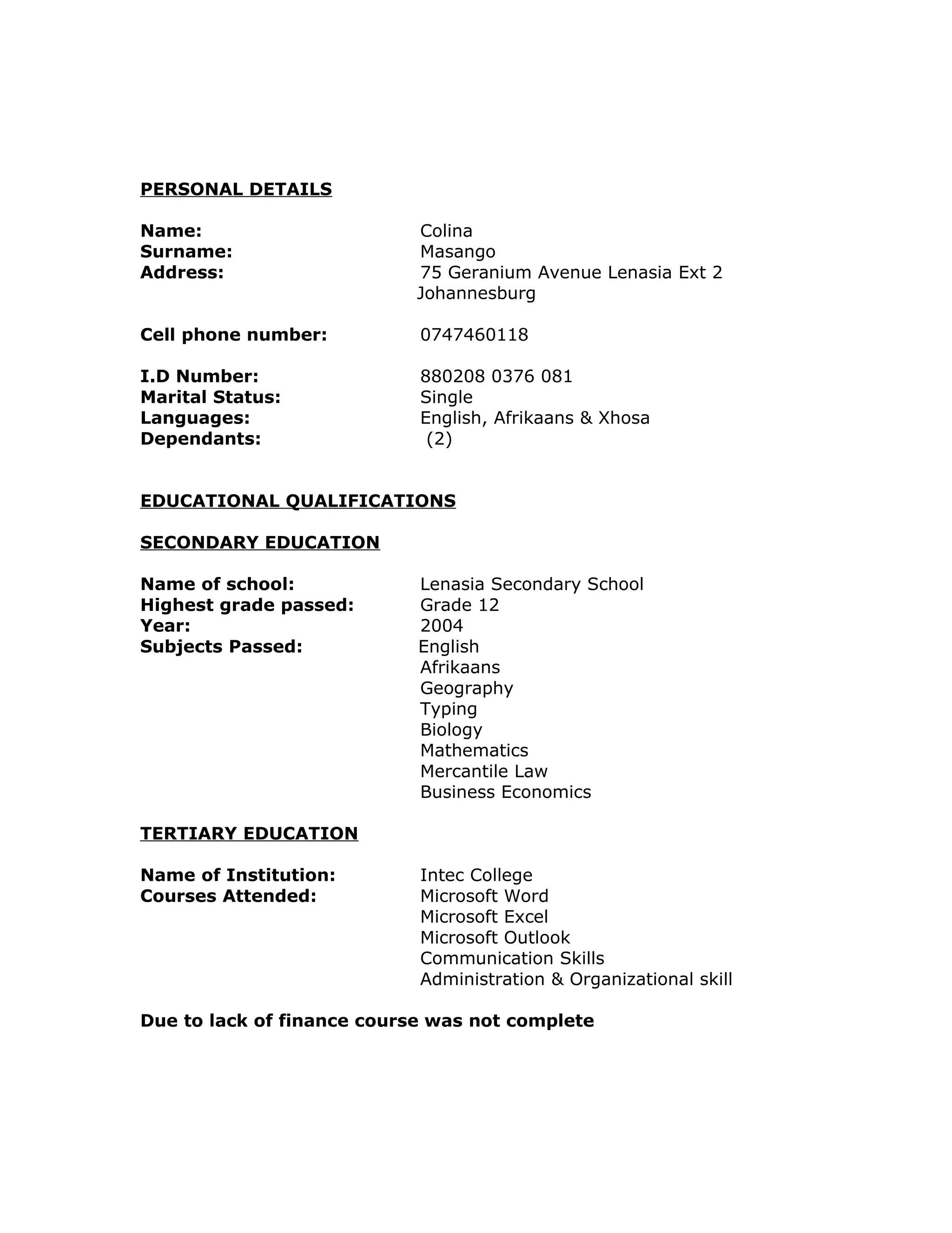 CIRRICULUM VITAE Colina Masango - updated | DOC