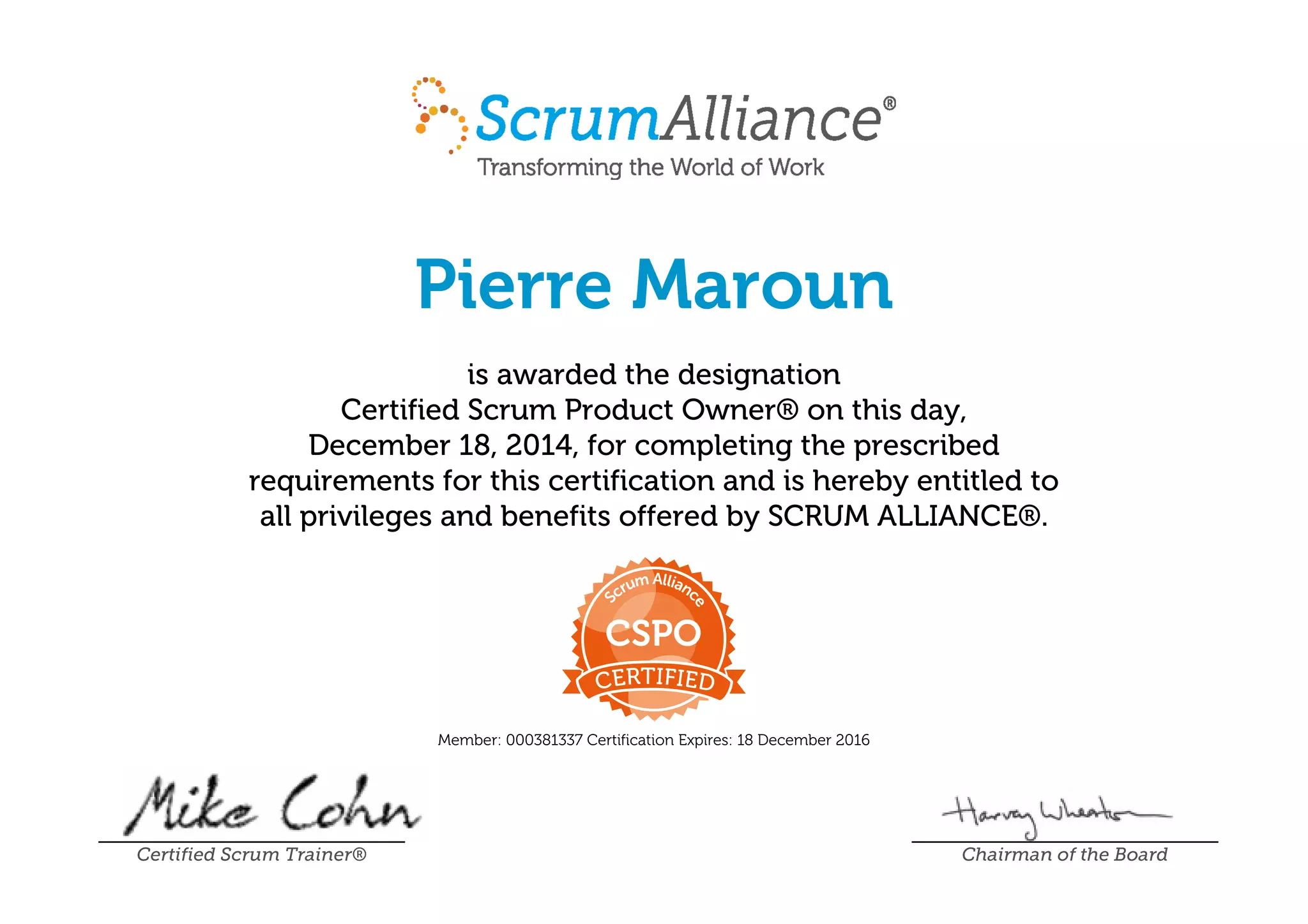 Pierre Maroun-ScrumAlliance_CSPO_Certificate | PPT