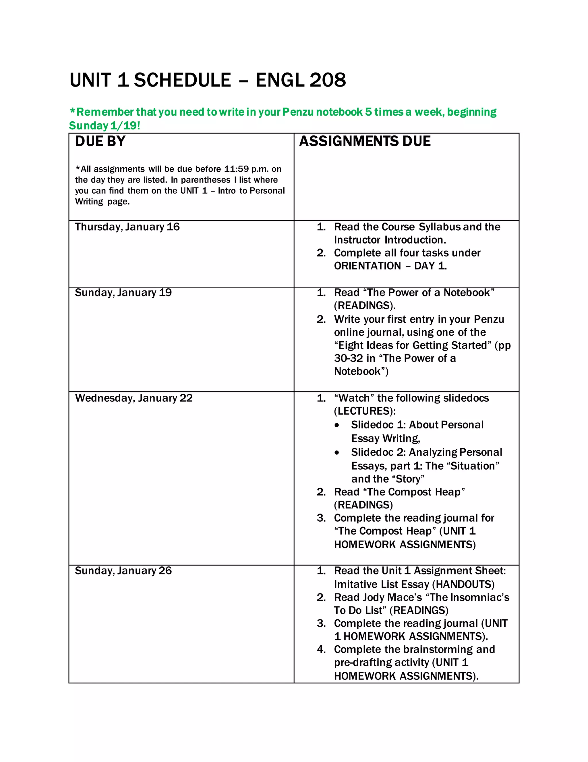 ENGL 208 Online Unit 1 Schedule | PDF