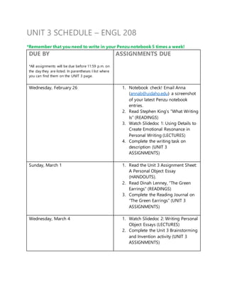 ENGL 208 Online Unit 3 Schedule | DOCX | Homework and Study | Education
