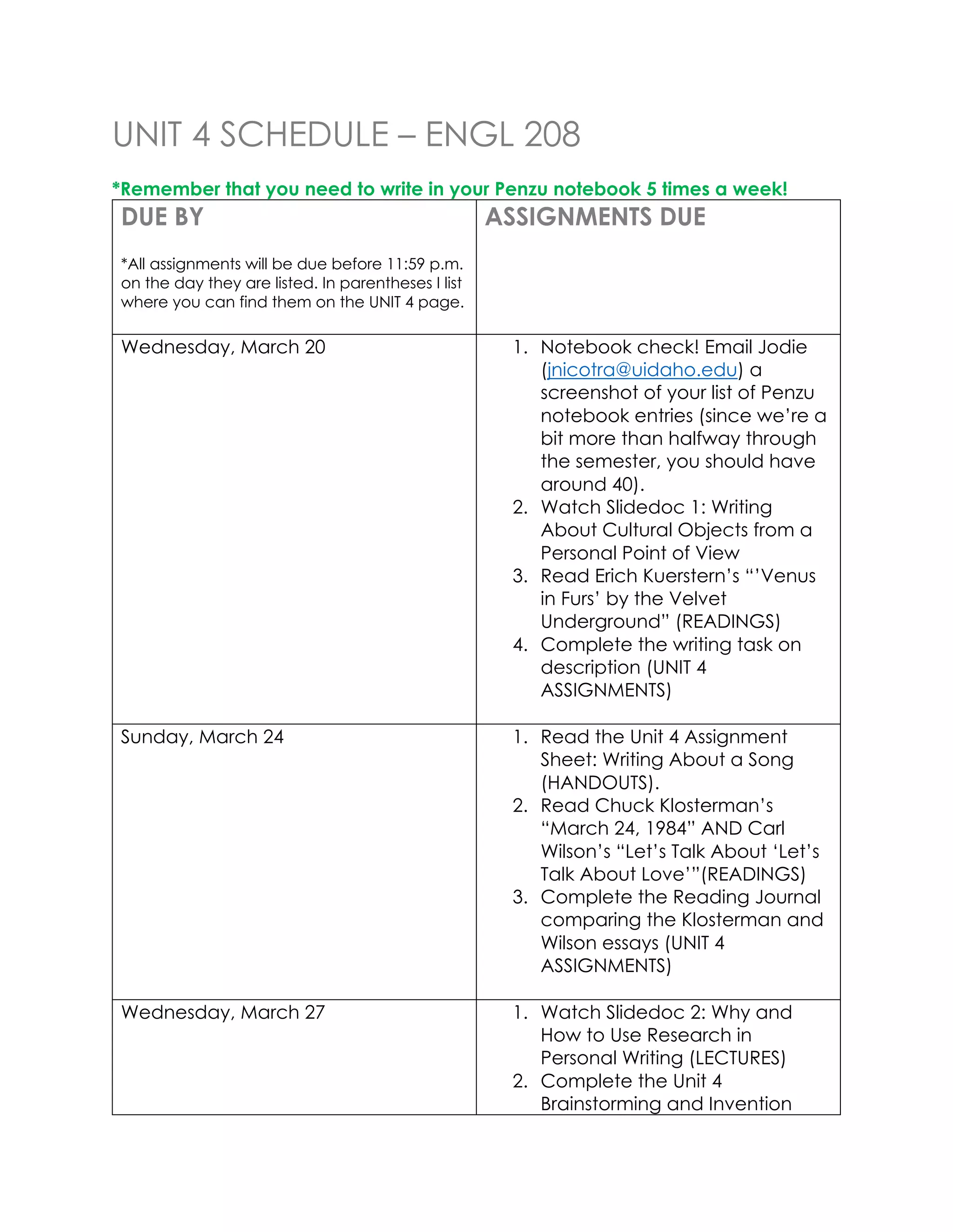 Unit 4 Schedule - Writing About a Song | PDF