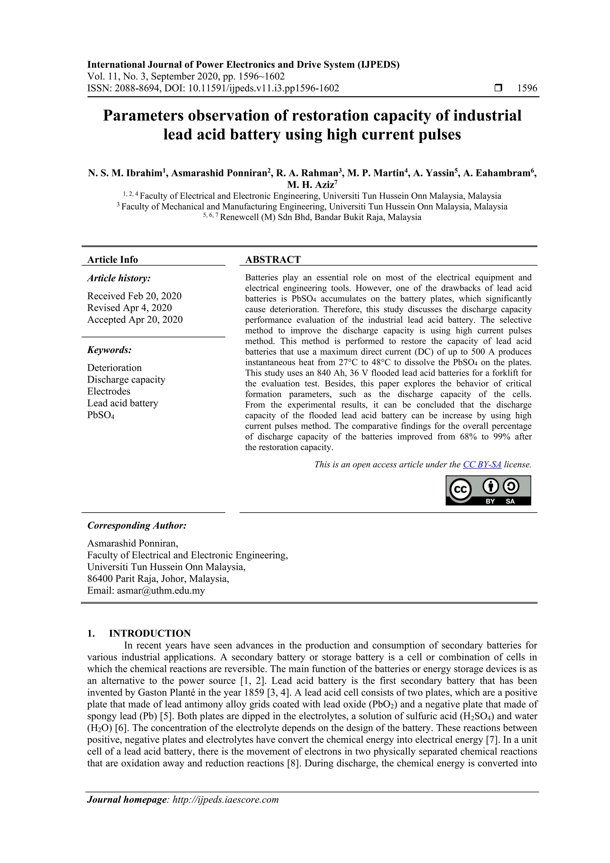 Parameters observation of restoration capacity of industrial lead acid ...