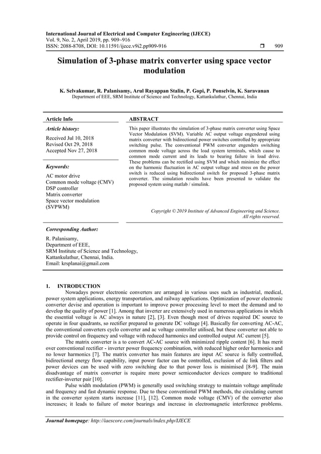 Simulation Of 3 Phase Matrix Converter Using Space Vector Modulation Pdf