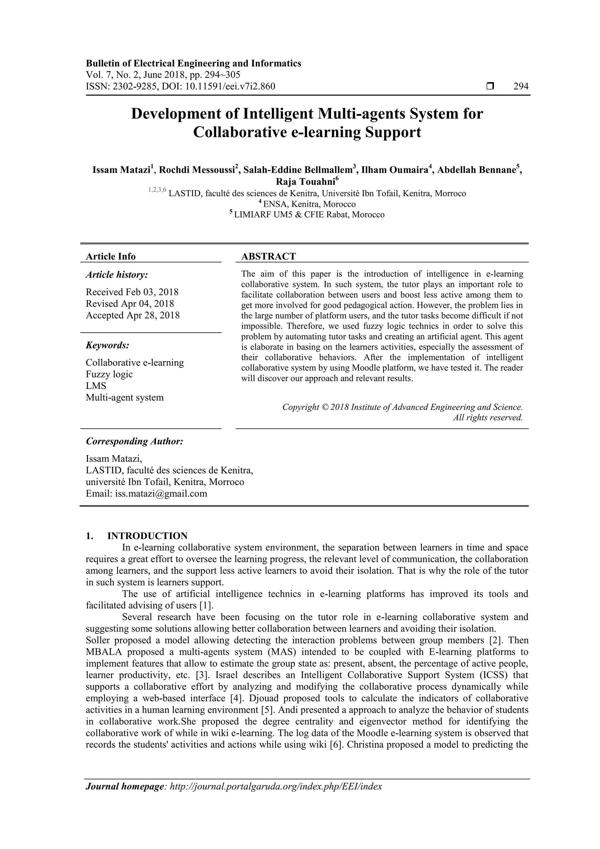 Development of Intelligent Multi-agents System for Collaborative e-learning Support | PDF ...