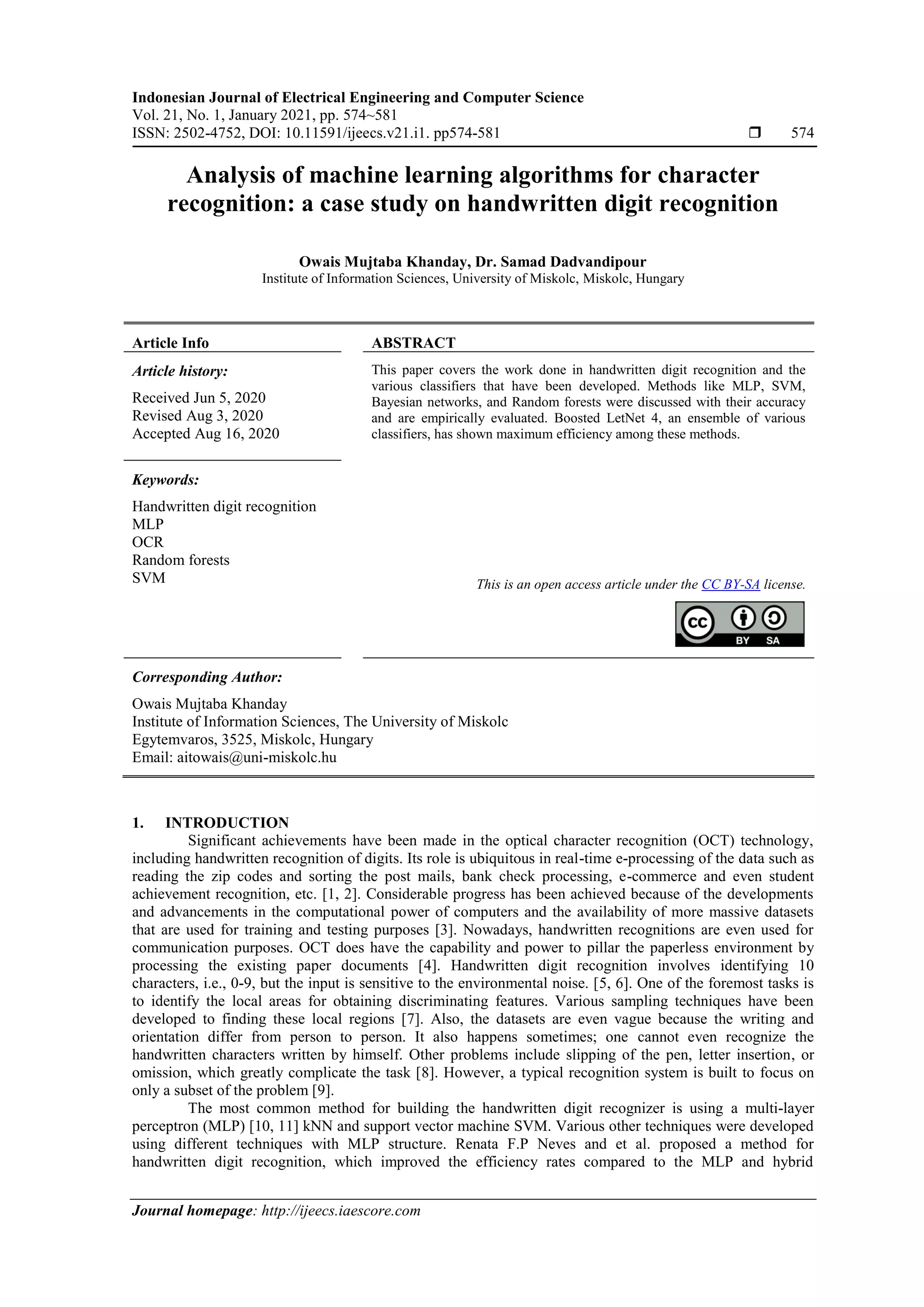 Analysis Of Machine Learning Algorithms For Character Recognition A