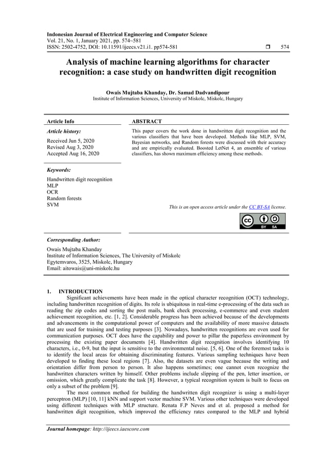 Analysis of machine learning algorithms for character recognition: a ...