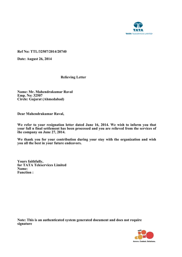 TATA TELE SERVICES LTD Relieving letter | PDF