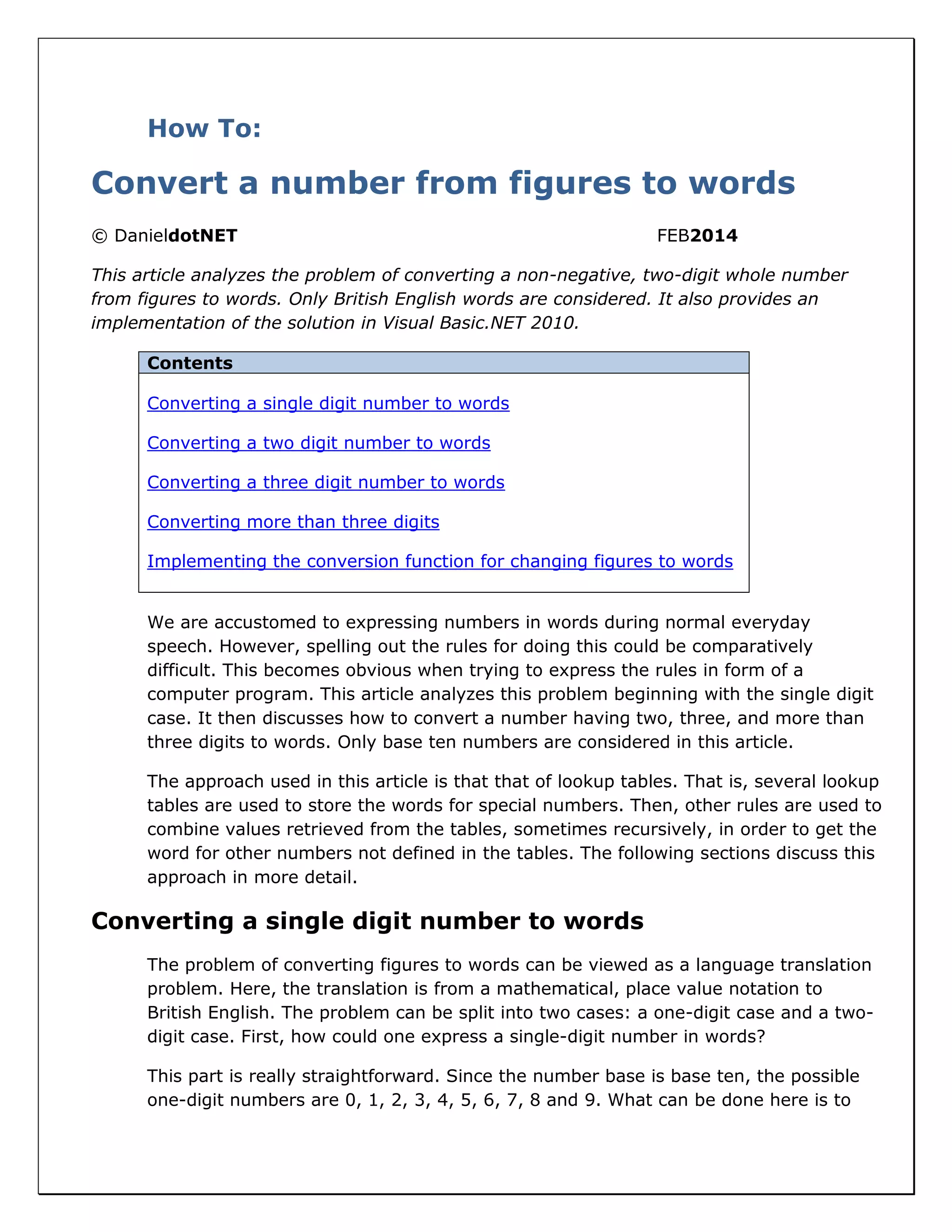 Convert Numbers to Words with Visual Basic.NET