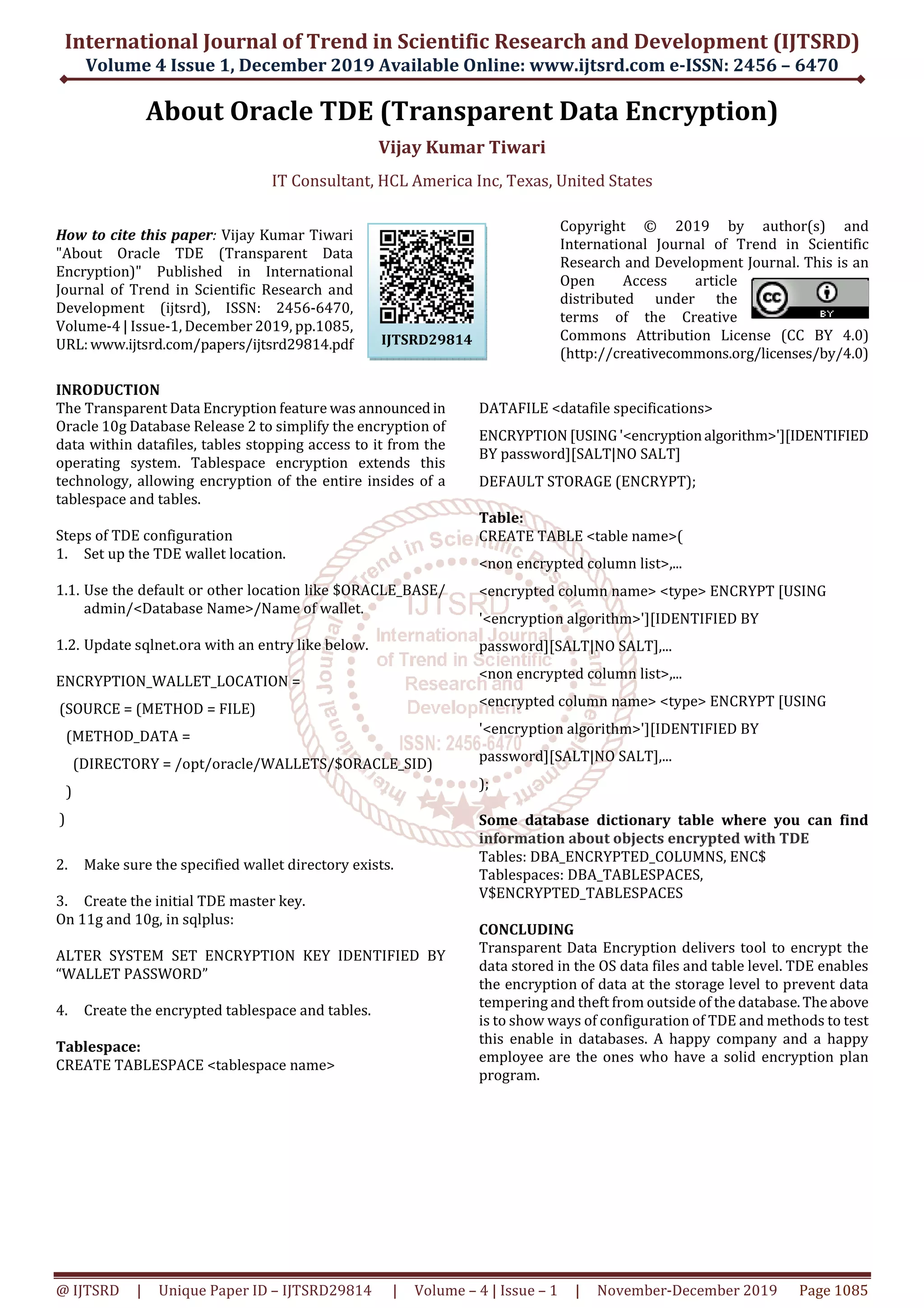 About Oracle TDE (Transparent Data Encryption) | PDF