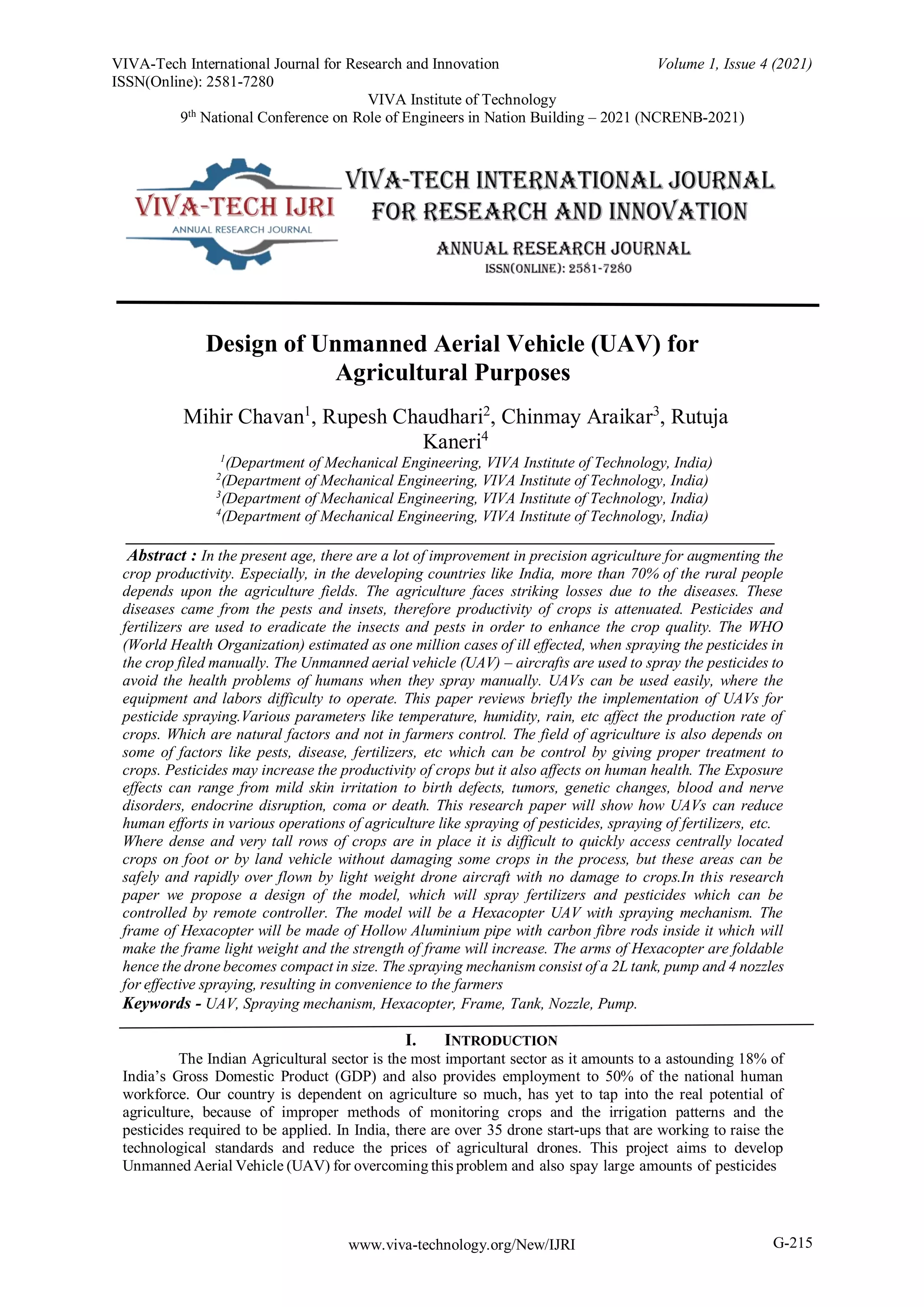 Design of Unmanned Aerial Vehicle (UAV) for Agricultural Purposes | PDF