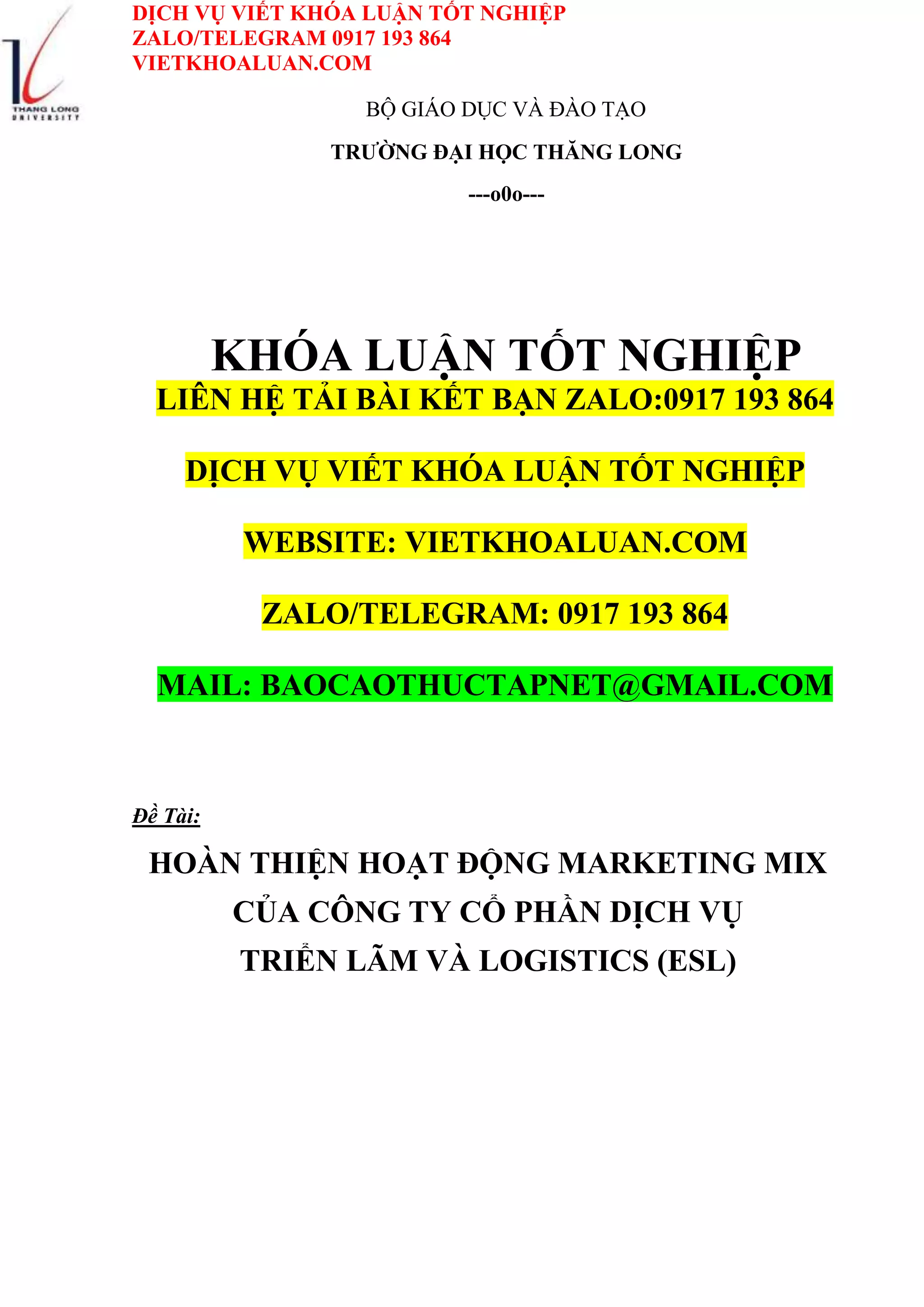 Khóa luận: Hoạt động marketing mix cho Công ty cổ phần dịch vụ | DOCX