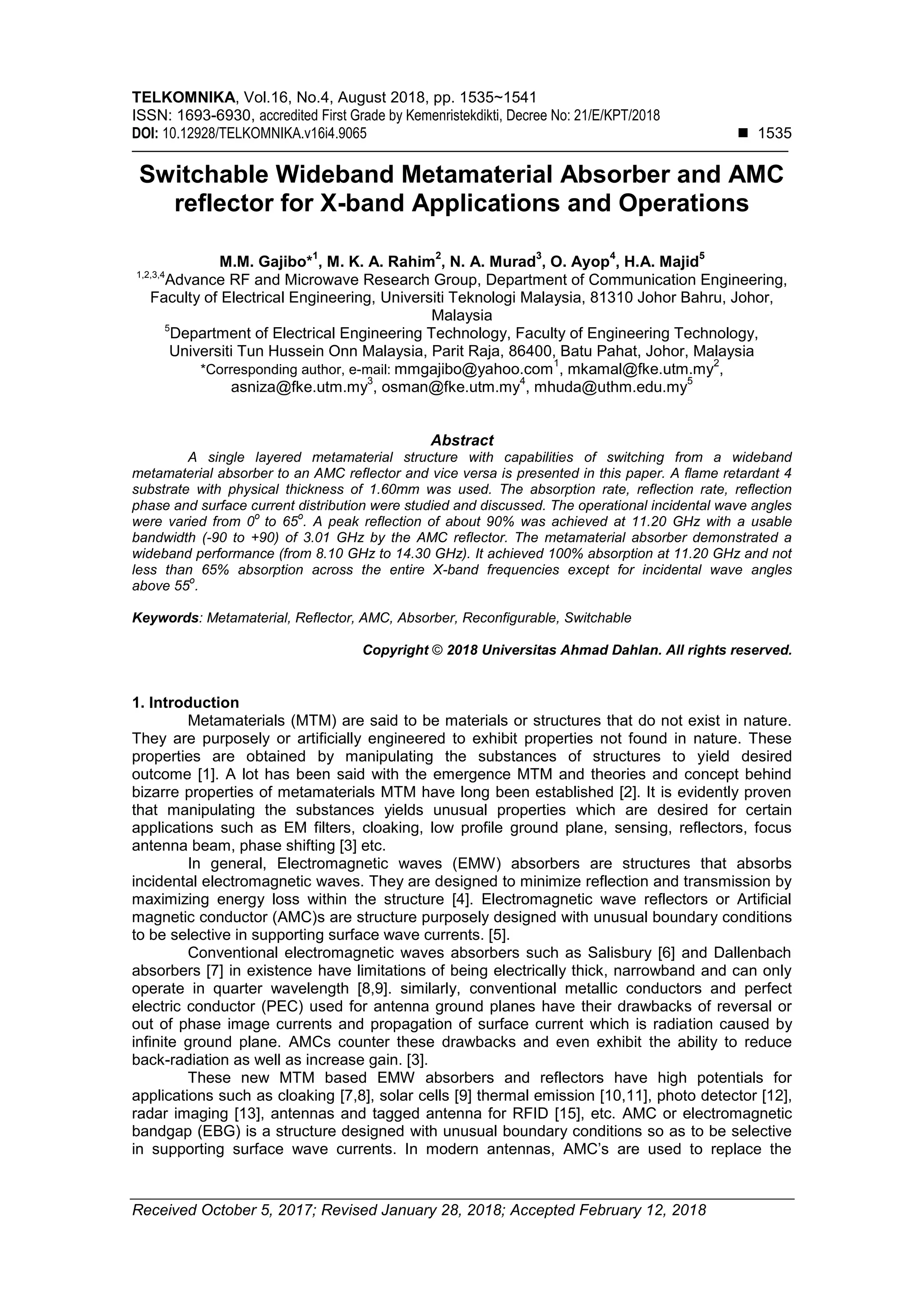Switchable Wideband Metamaterial Absorber and AMC reflector for X-band ...
