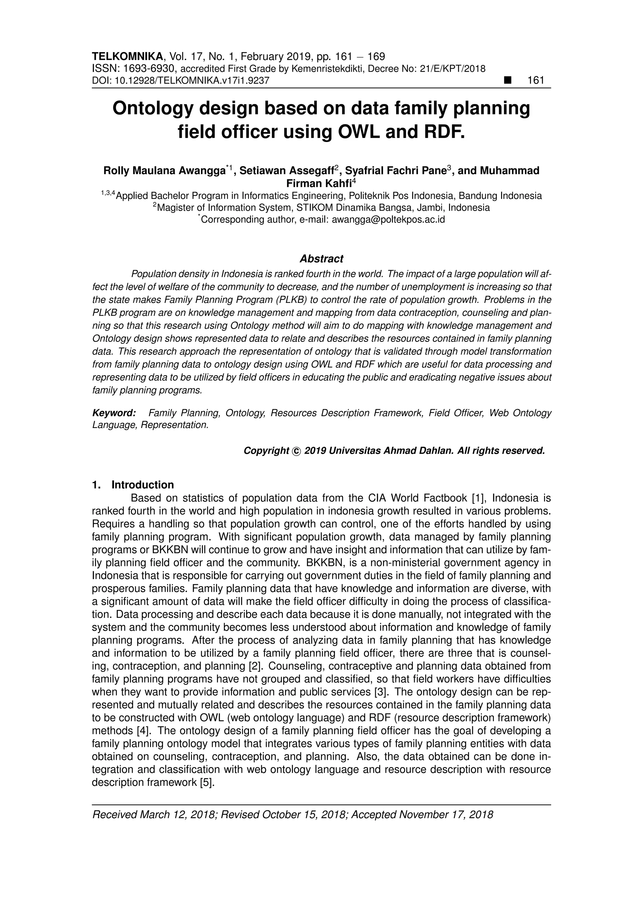 Ontology design based on data family planning field officer using OWL and RDF | PDF