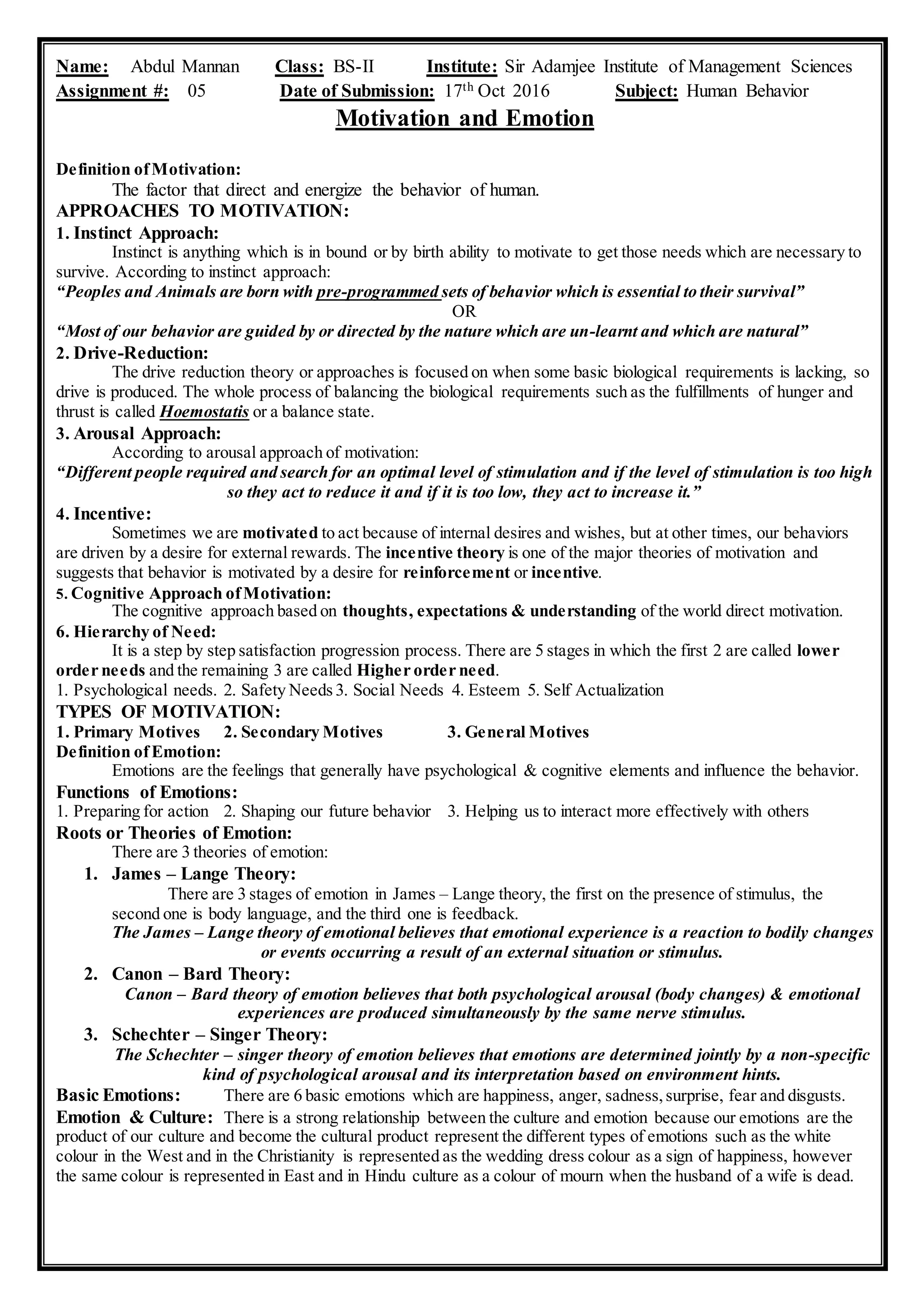 Chapter # 6 motivation and emotion | DOCX