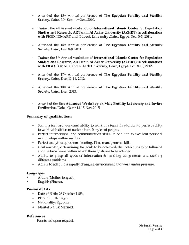 Dr.Ola Ismail Resume (5) | PDF | Infertility | Reproductive Health