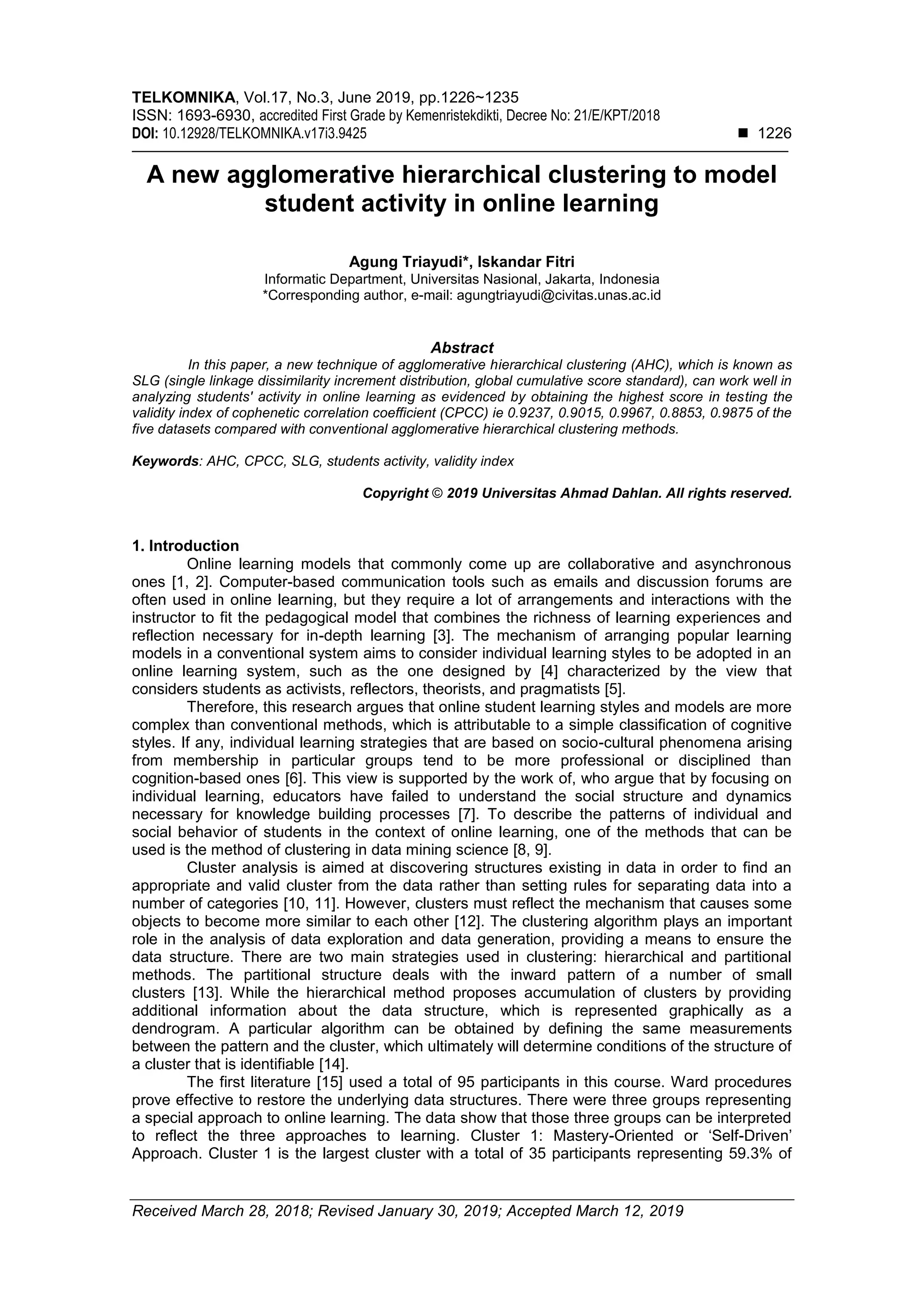 A new agglomerative hierarchical clustering to model student activity ...