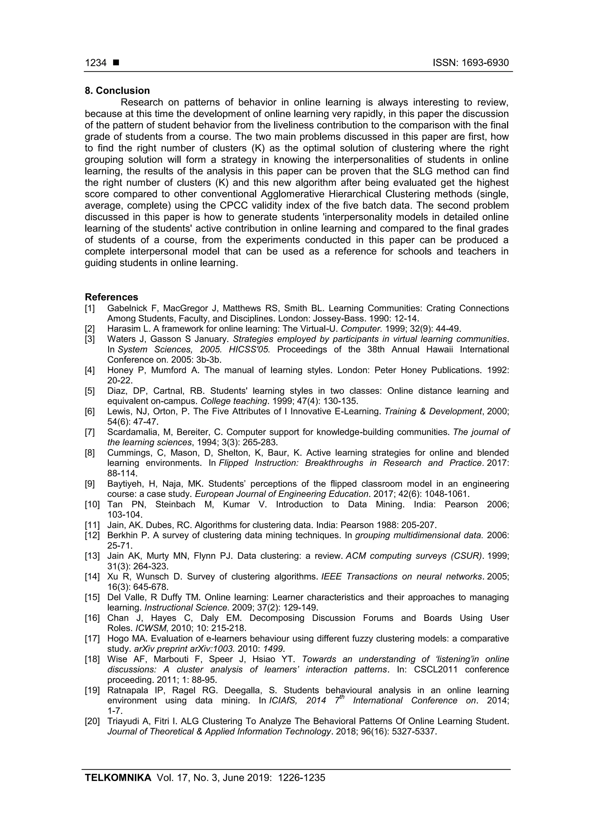 A new agglomerative hierarchical clustering to model student activity in online learning | PDF