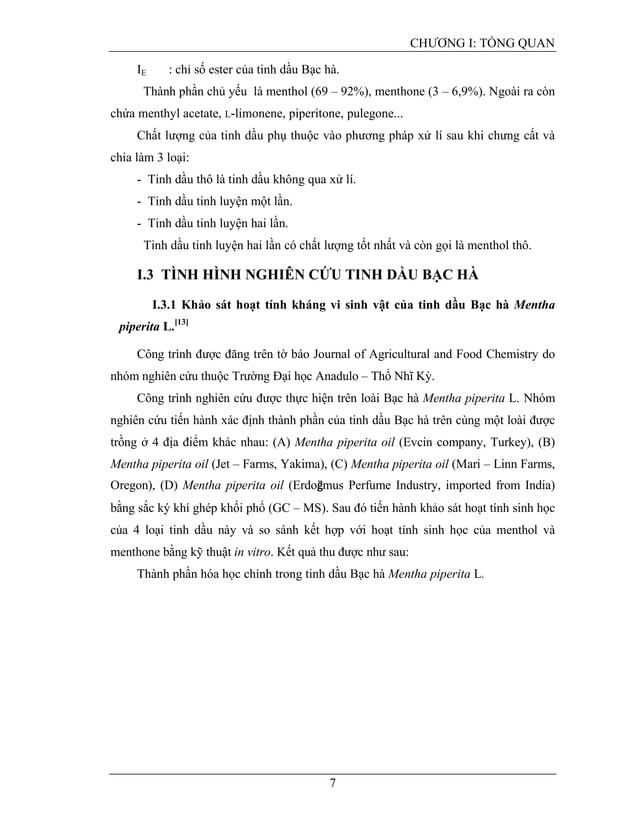 LY TRÍCH VÀ KHẢO SÁT THÀNH PHẦN HÓA HỌC CỦA TINH DẦU BẠC HÀ (MENTHA ...