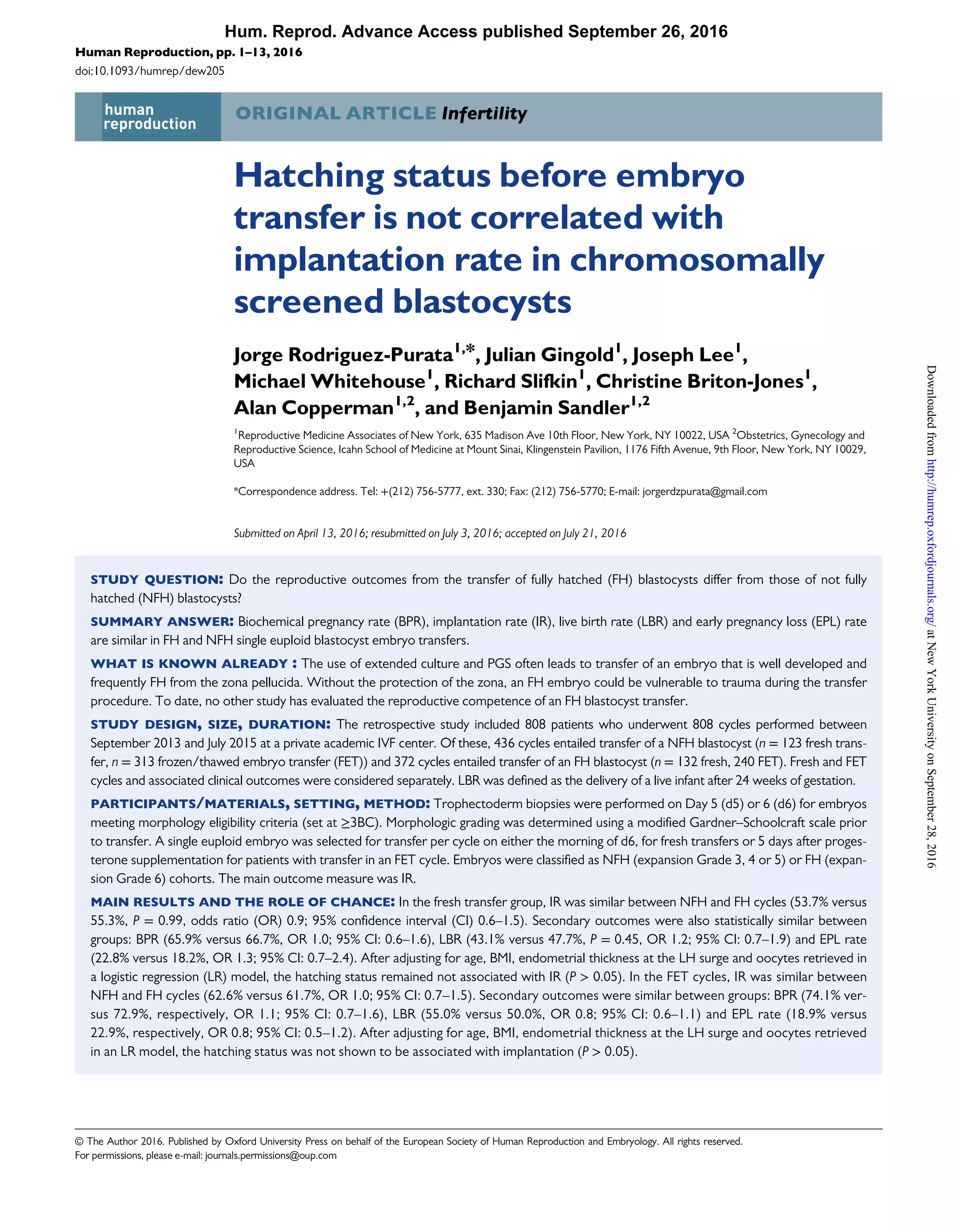 Hatching status before embryo transfer is not correlatd with ...