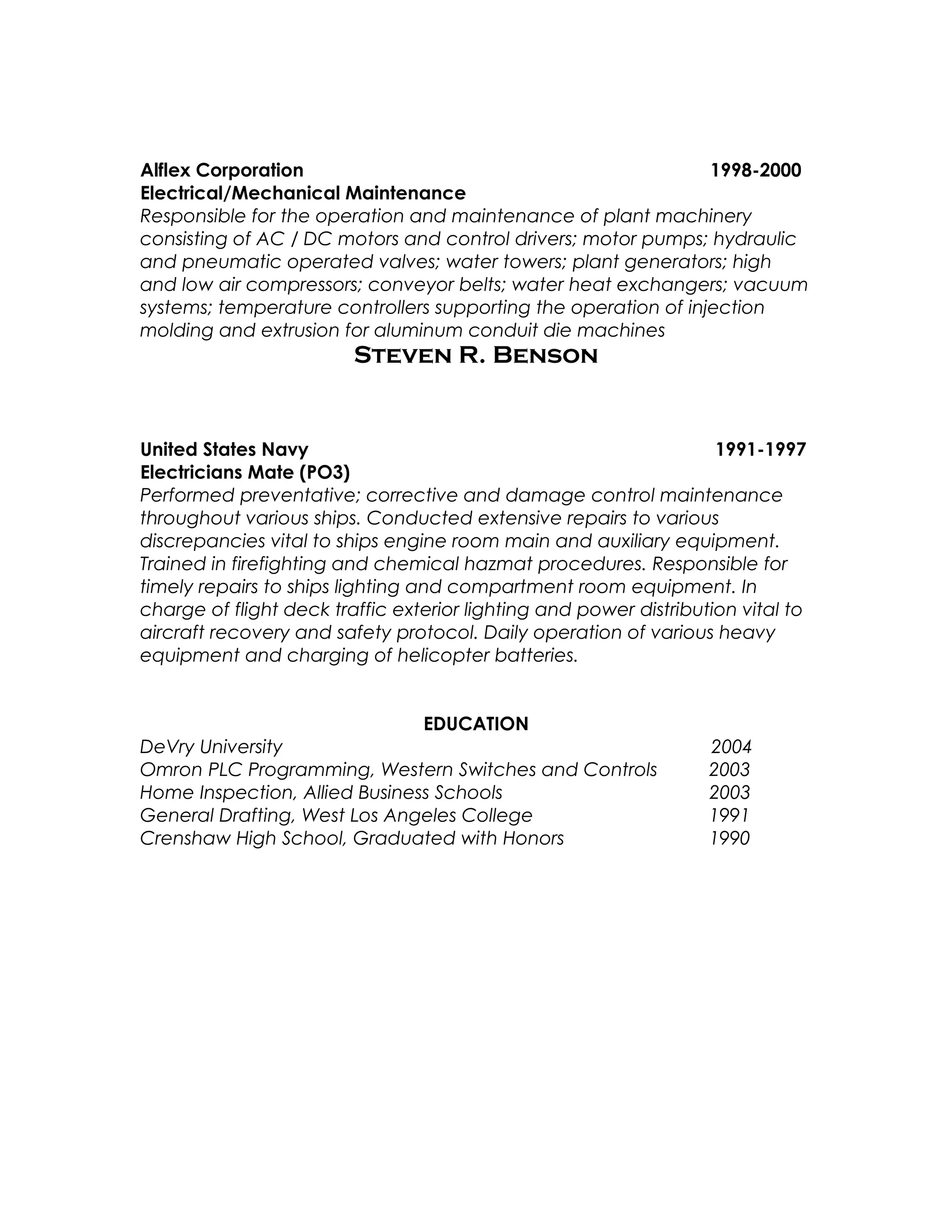 Steven_R_Benson_resume | DOC | Business and Finance