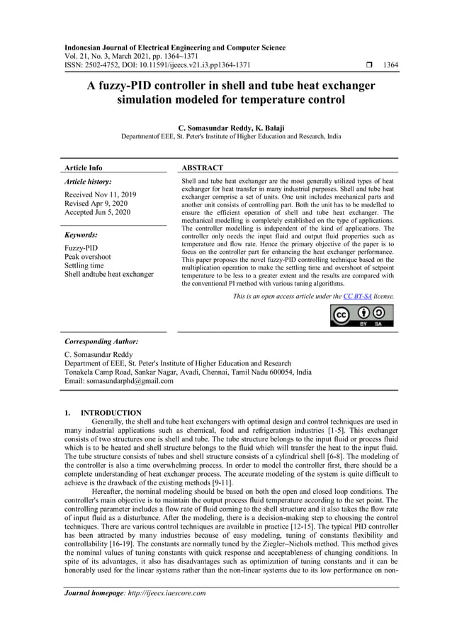A fuzzy-PID controller in shell and tube heat exchanger simulation modeled for temperature ...